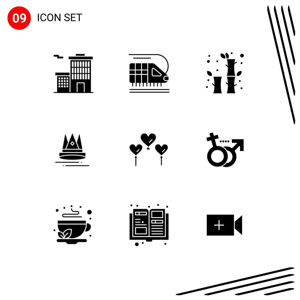 Modern Set Of 9 Solid Glyphs Pictograph Of Gender Balloon Chinese Heart Education Editable