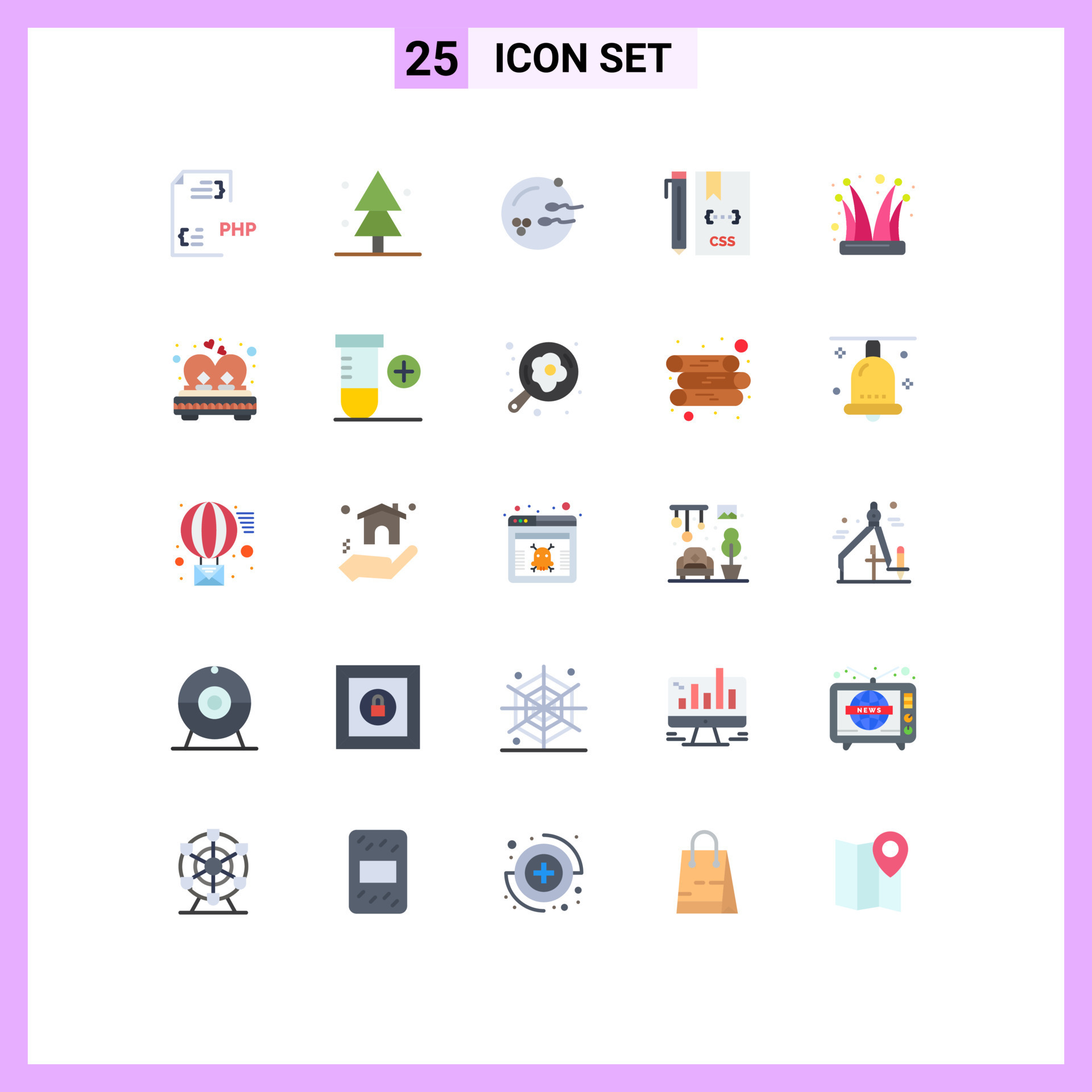 Pictogram Set Of 25 Simple Flat Colors Of Development Css Tree Coding Sex Editable Vector Design