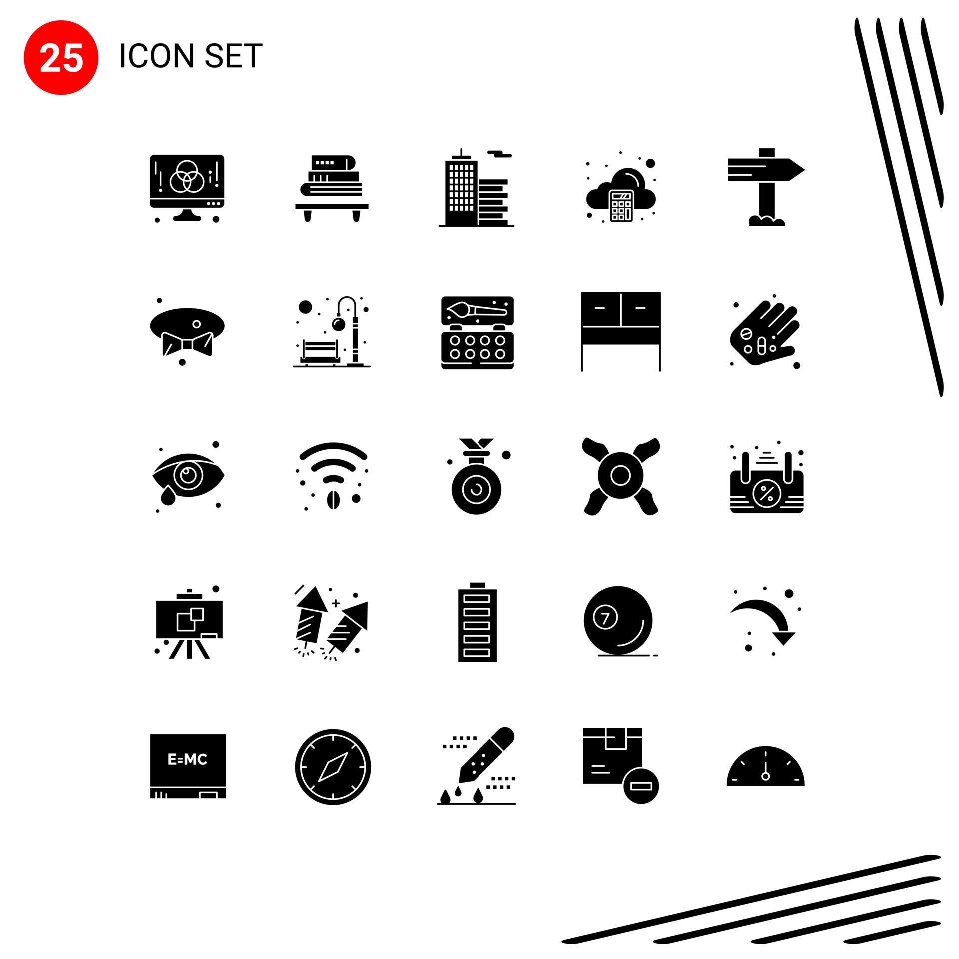 Mobile Interface Solid Glyph Set of 25 Pictograms of direction calculate books arithmetic office ...