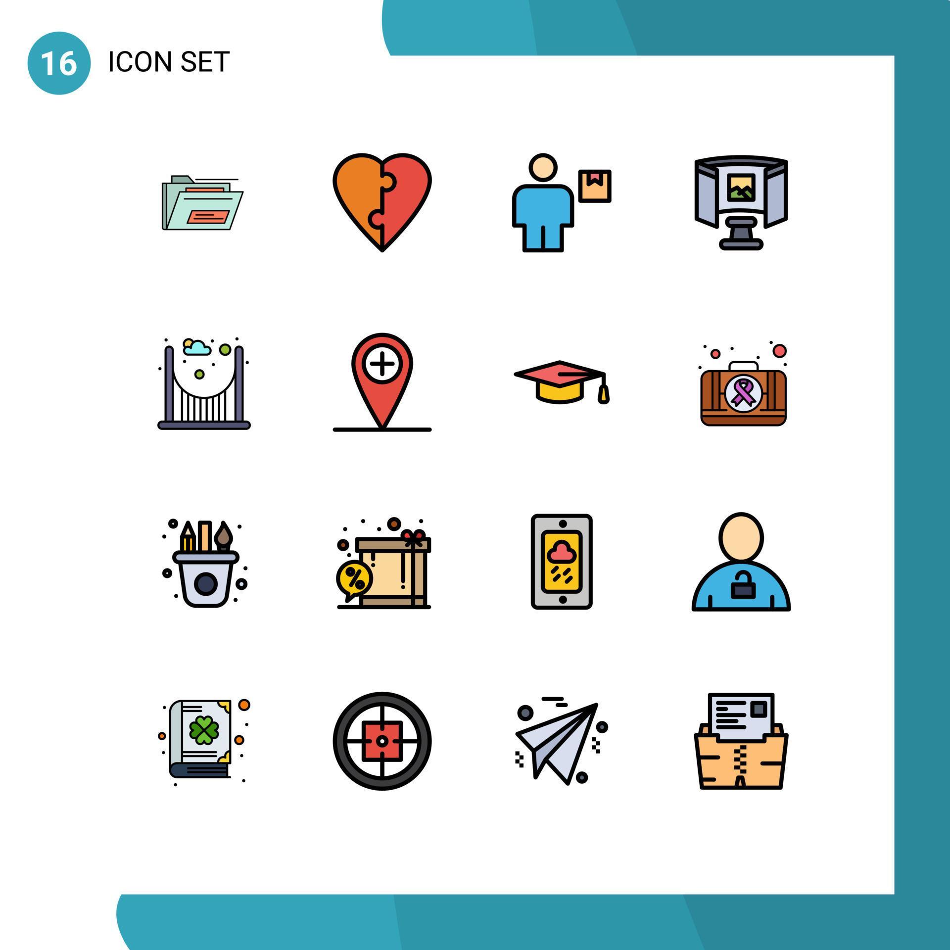 16 Universal Flat Color Filled Line Signs Symbols Of Parks Technology Body Science Future