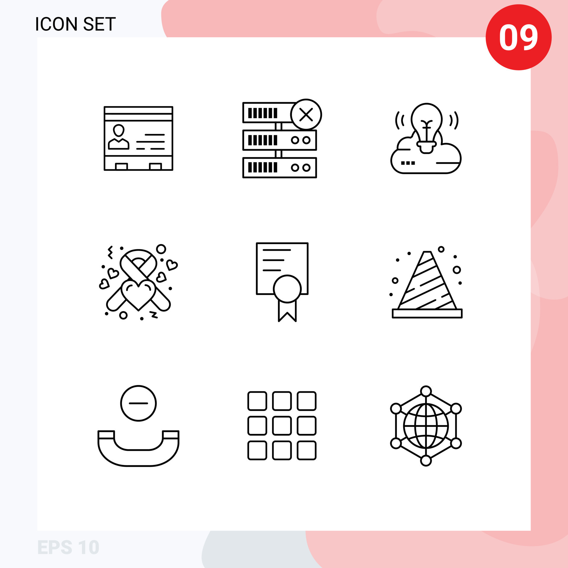 Set Of 9 Vector Outlines On Grid For Ribbon Health Delete Donation Cloud Creative Editable