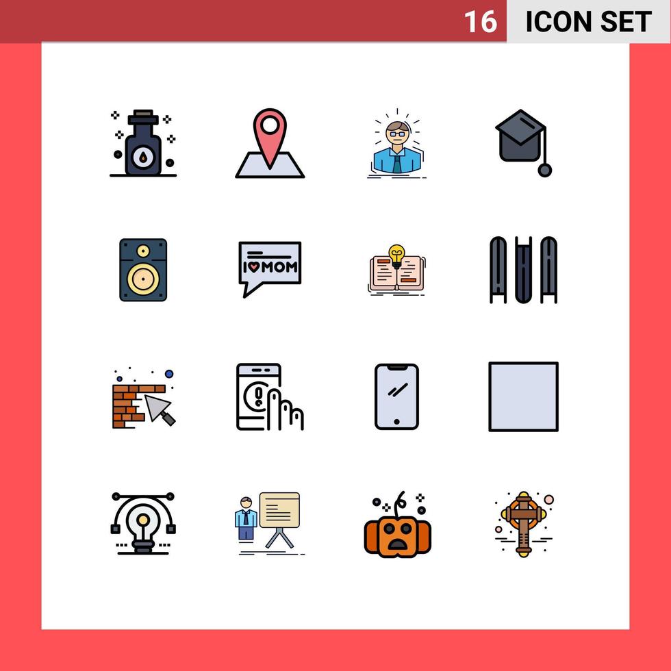Mobile Interface Flat Color Filled Line Set Of 16 Pictograms Of Speaker Graduation Hat Manager