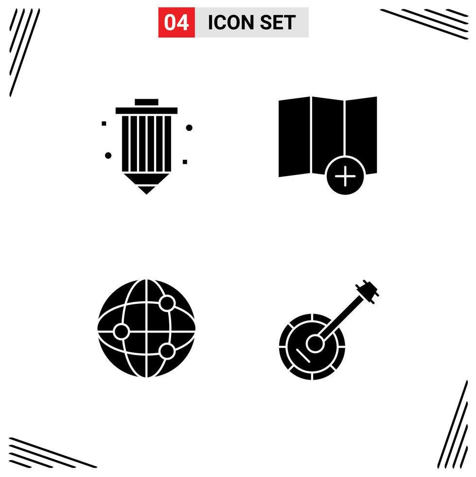 Pack Of 4 Creative Solid Glyphs Of Coding Globe Pencil Map Audio Editable Vector Design Elements