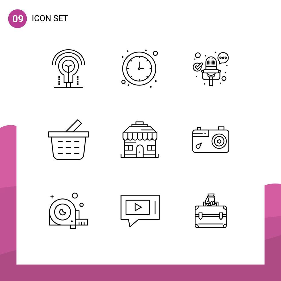 User Interface Pack Of 9 Basic Outlines Of Camera House Microphone Building Checkout Editable