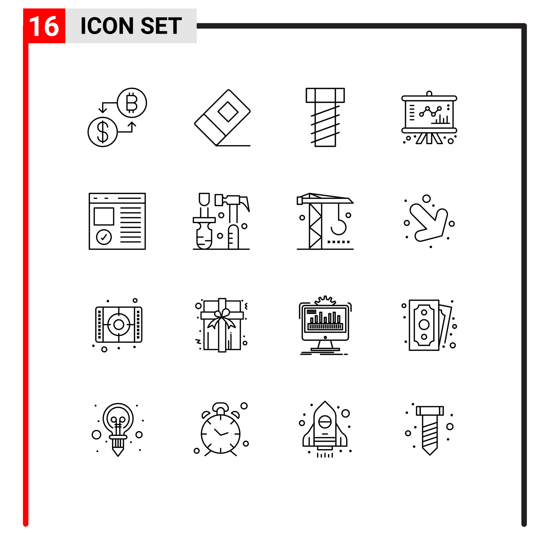 Modern Set Of 16 Outlines And Symbols Such As Page Develop Screw Coding Management Editable