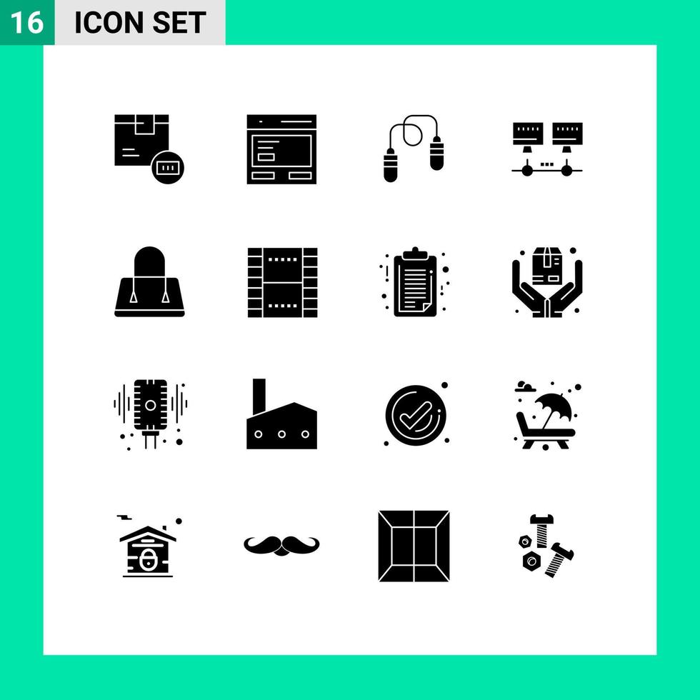 User Interface Pack of 16 Basic Solid Glyphs of bag network interface computer jump rope ...