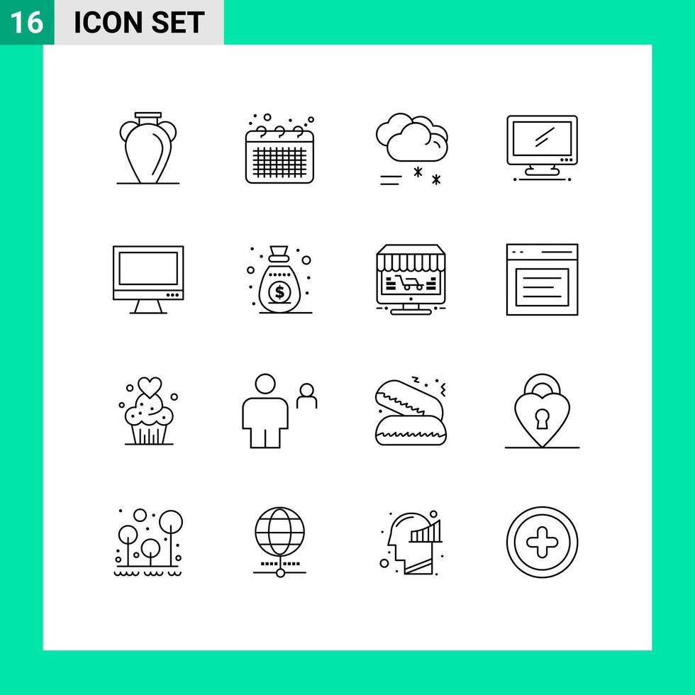16 User Interface Outline Pack Of Modern Signs And Symbols Of Imac Monitor Note Computer Raining