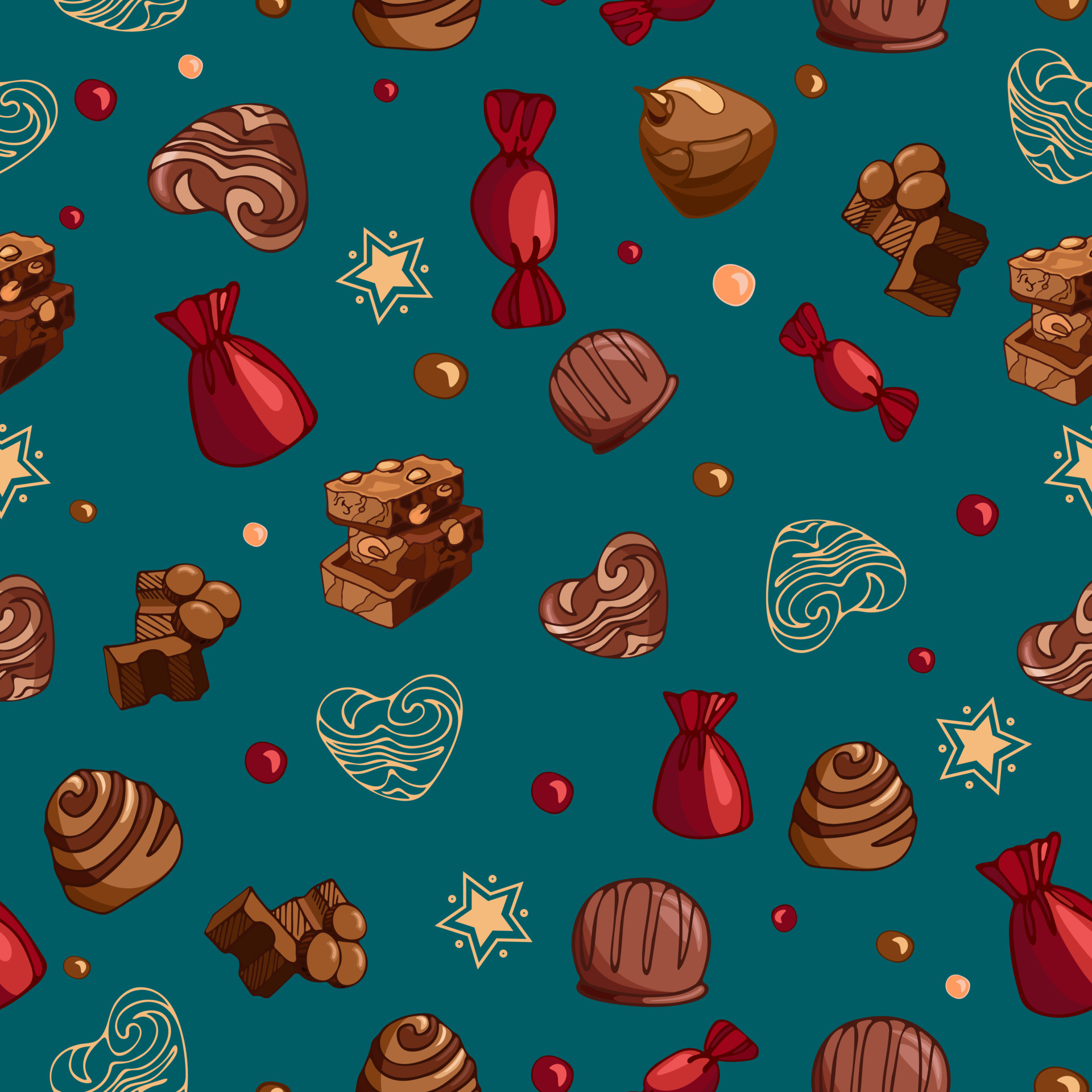Seamless vector Christmas pattern of bright tasty pieces milk chocolate ...