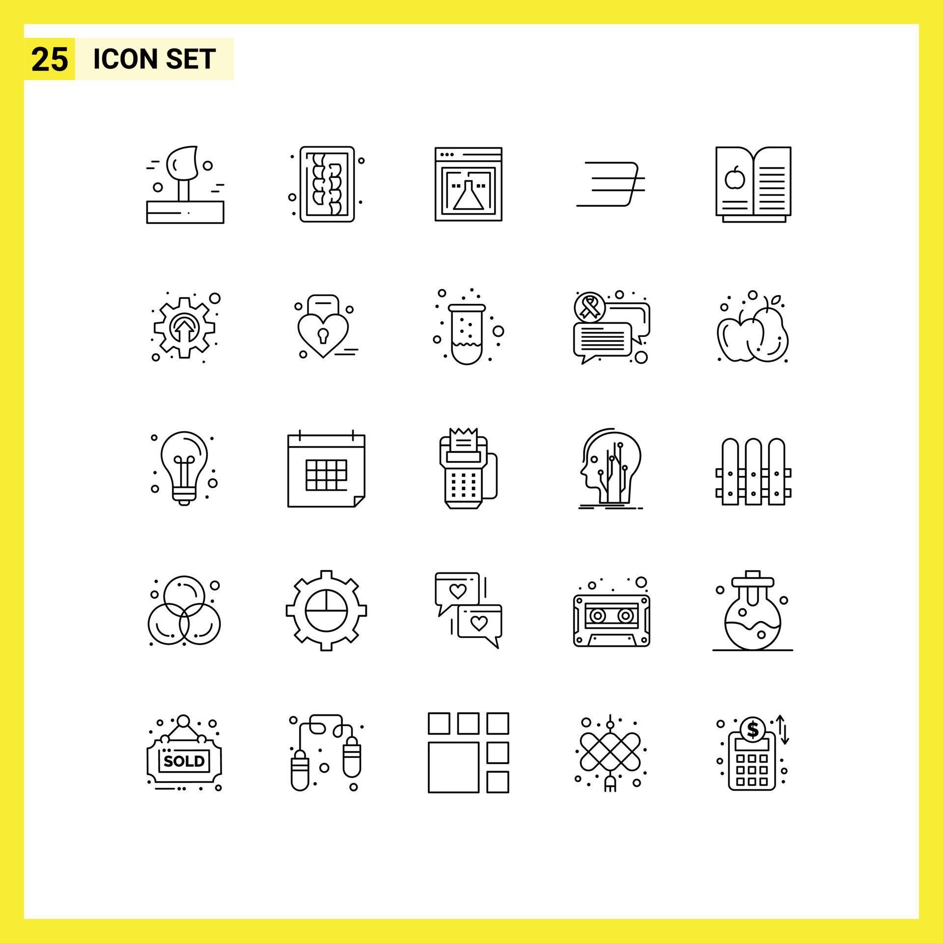 Set Of 25 Vector Lines On Grid For Cogwheel Book Apple Flask Crypto Currency Daxx Coin Editable
