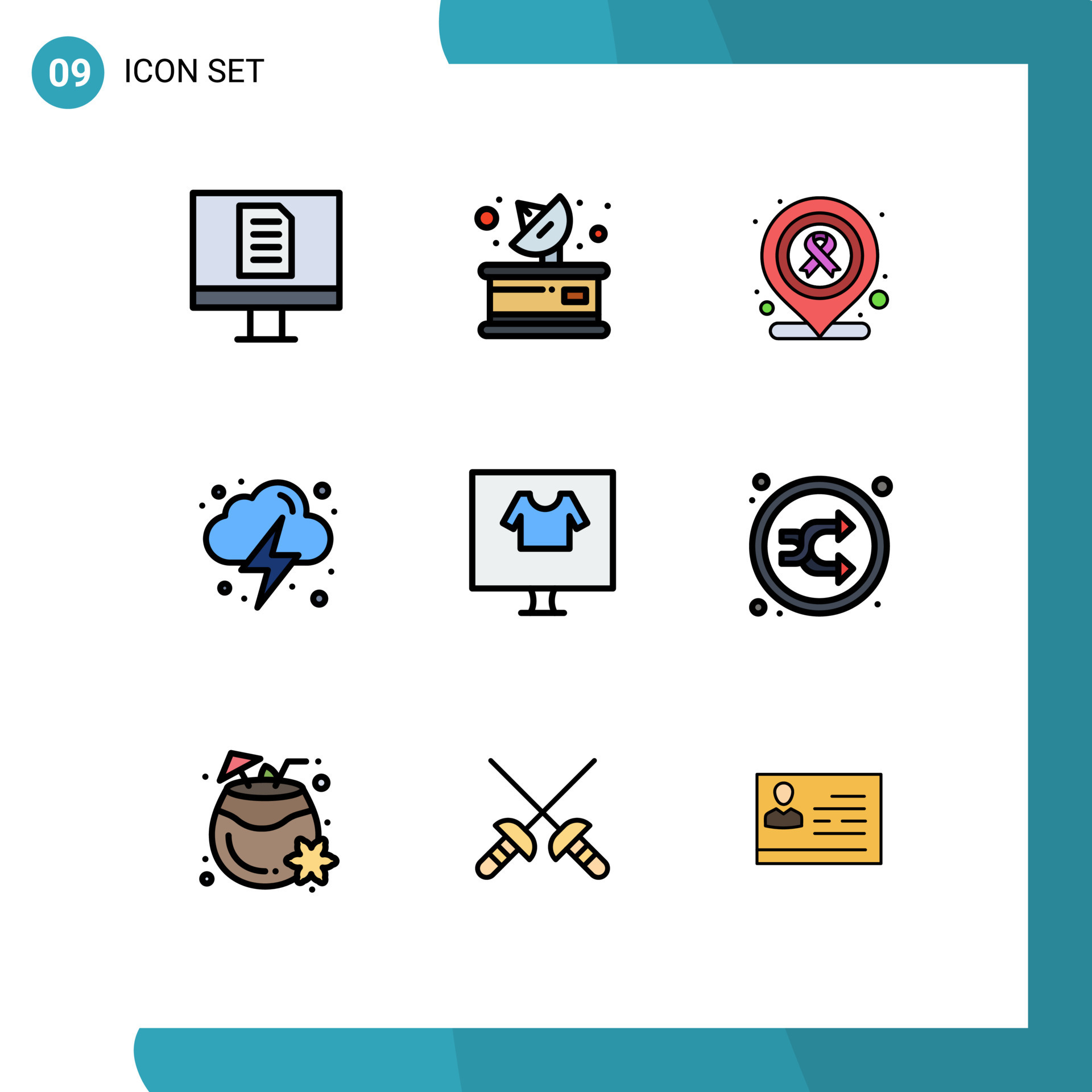 Set Of 9 Vector Filledline Flat Colors On Grid For Ecommerce Commerce Location Apparel Power