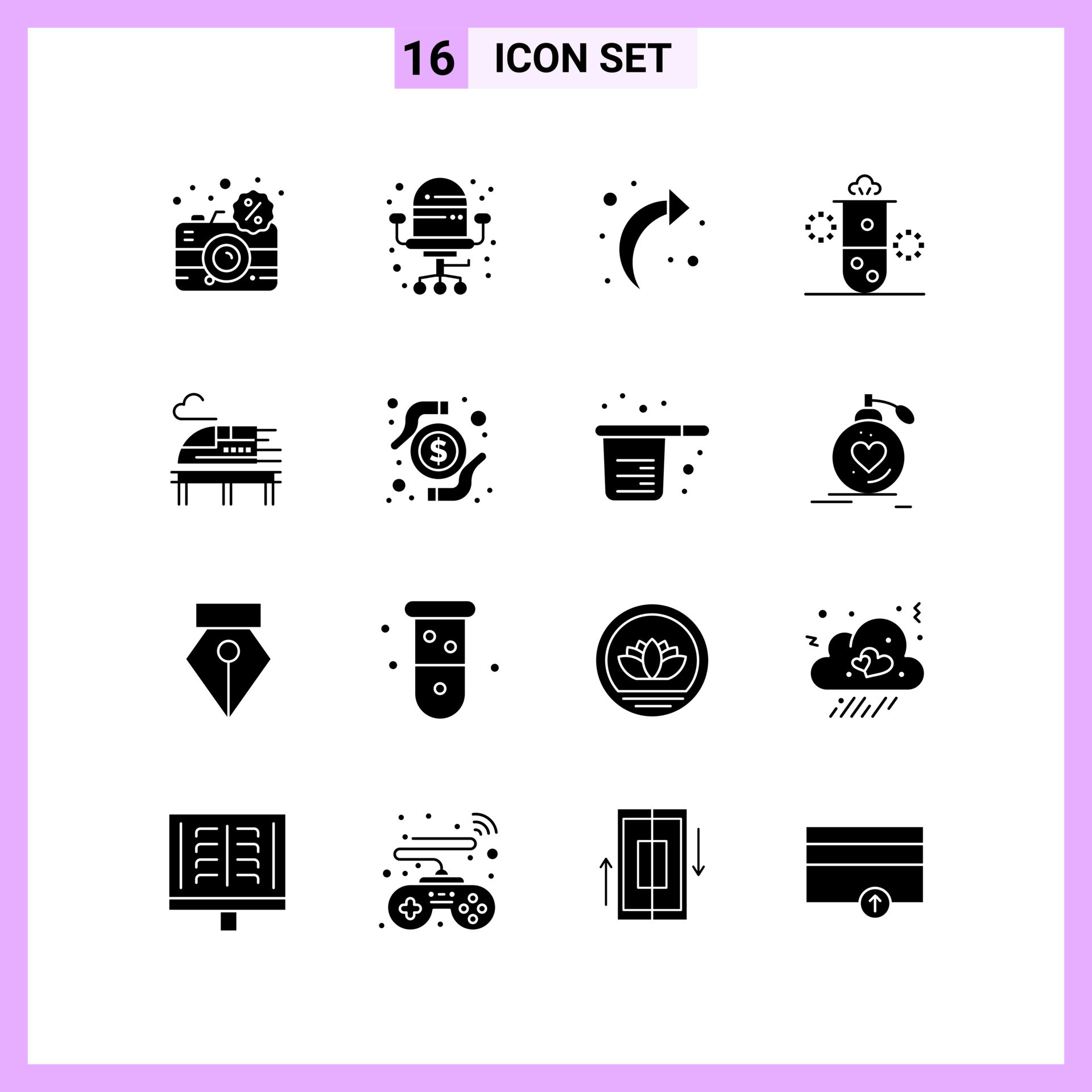 16 Icons in Solid Style. Glyph Symbols on White Background. Creative ...