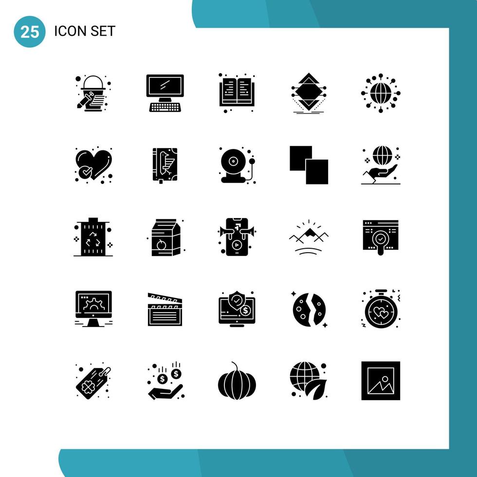 Pictogram Set of 25 Simple Solid Glyphs of globe structure book science data Editable Vector ...