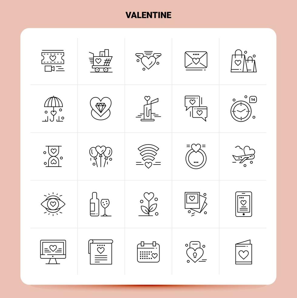 Outline 25 Valentine Icon Set Vector Line Style Design Black Icons Set Linear Pictogram Pack
