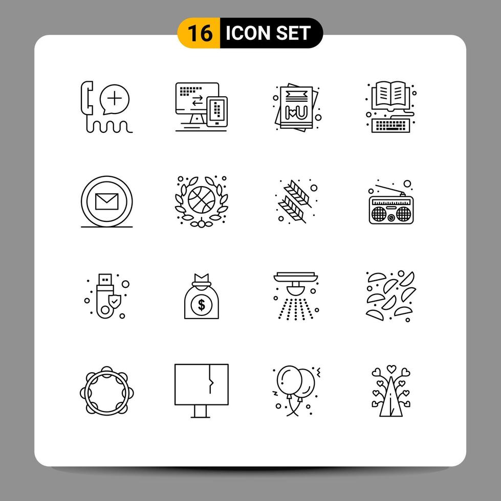 Pack Of 16 Creative Outlines Of Development Library Cell Keyboard Book Editable Vector Design