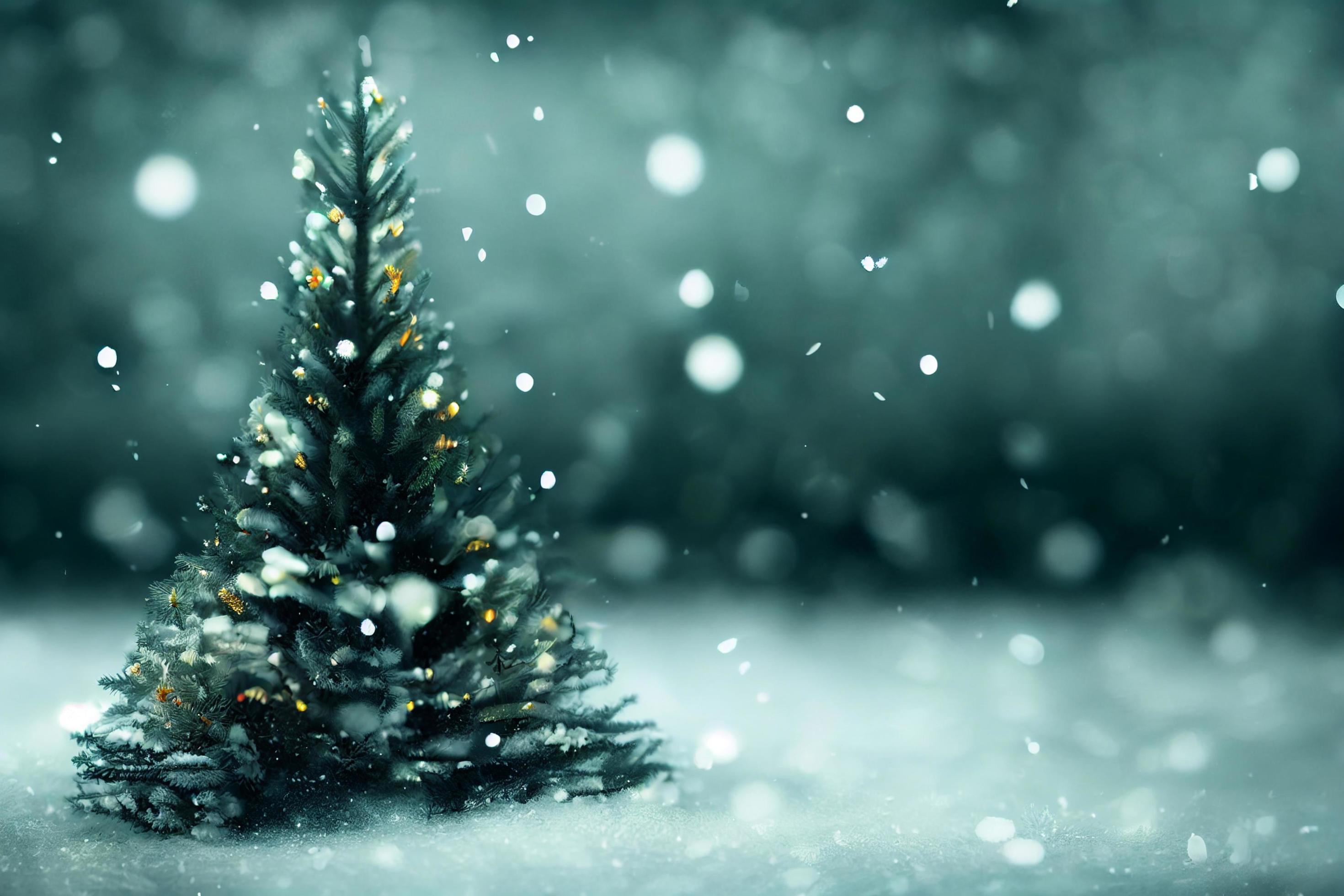 Abstract blurred bokeh background of Christmas tree with snow and copy space, holiday and ...