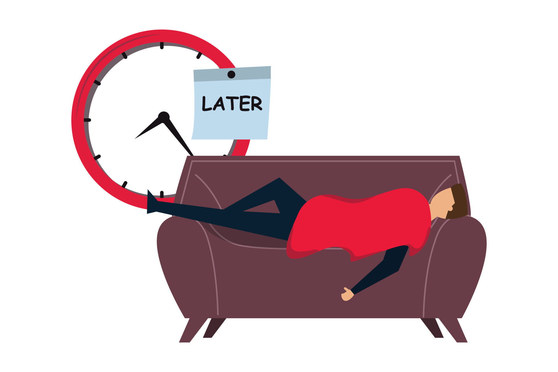 Procrastination do it later, lazy man sleeping with no clue to wake up ...