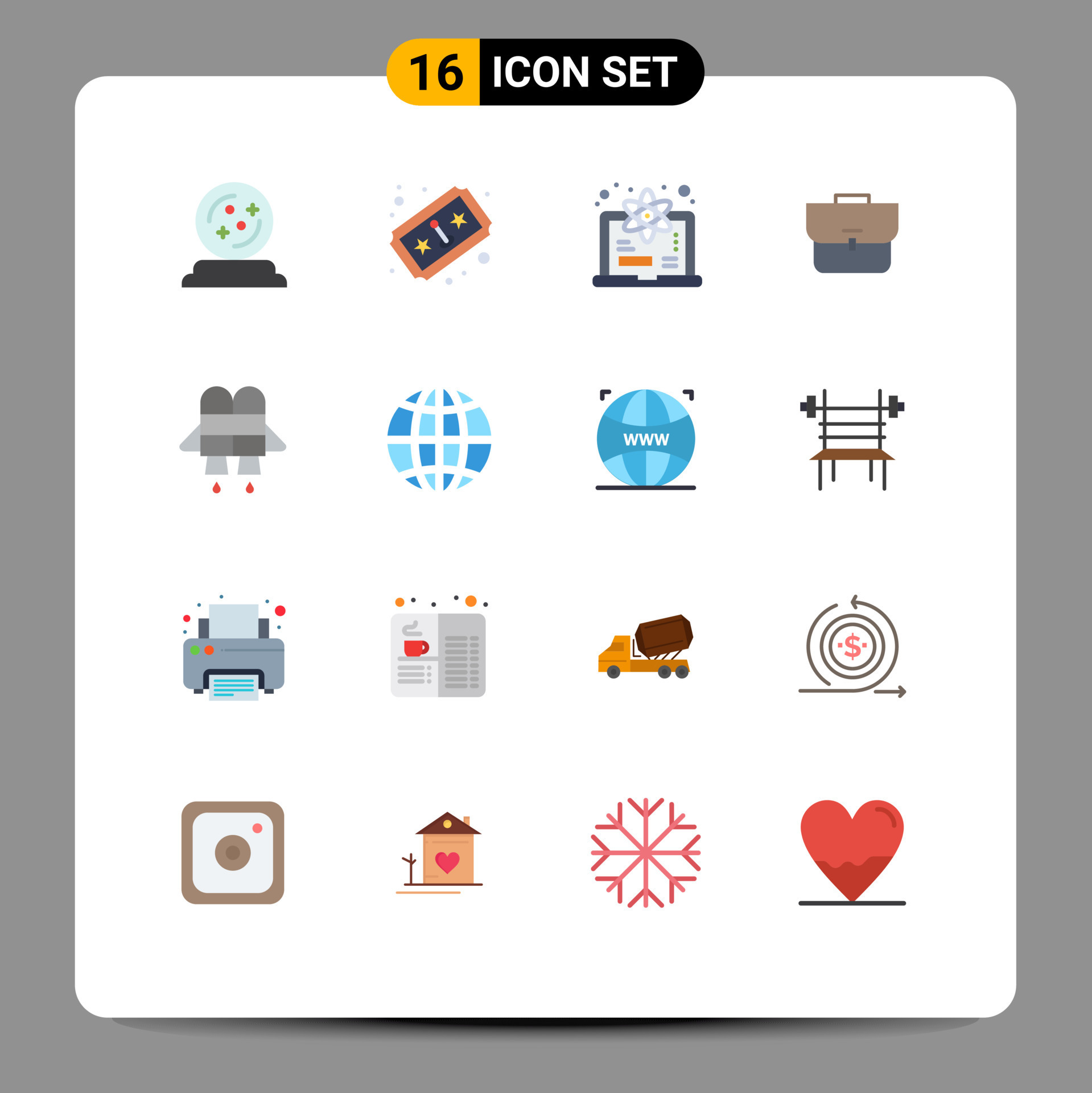 16 User Interface Flat Color Pack Of Modern Signs And Symbols Of Jetpack Workbag Computer