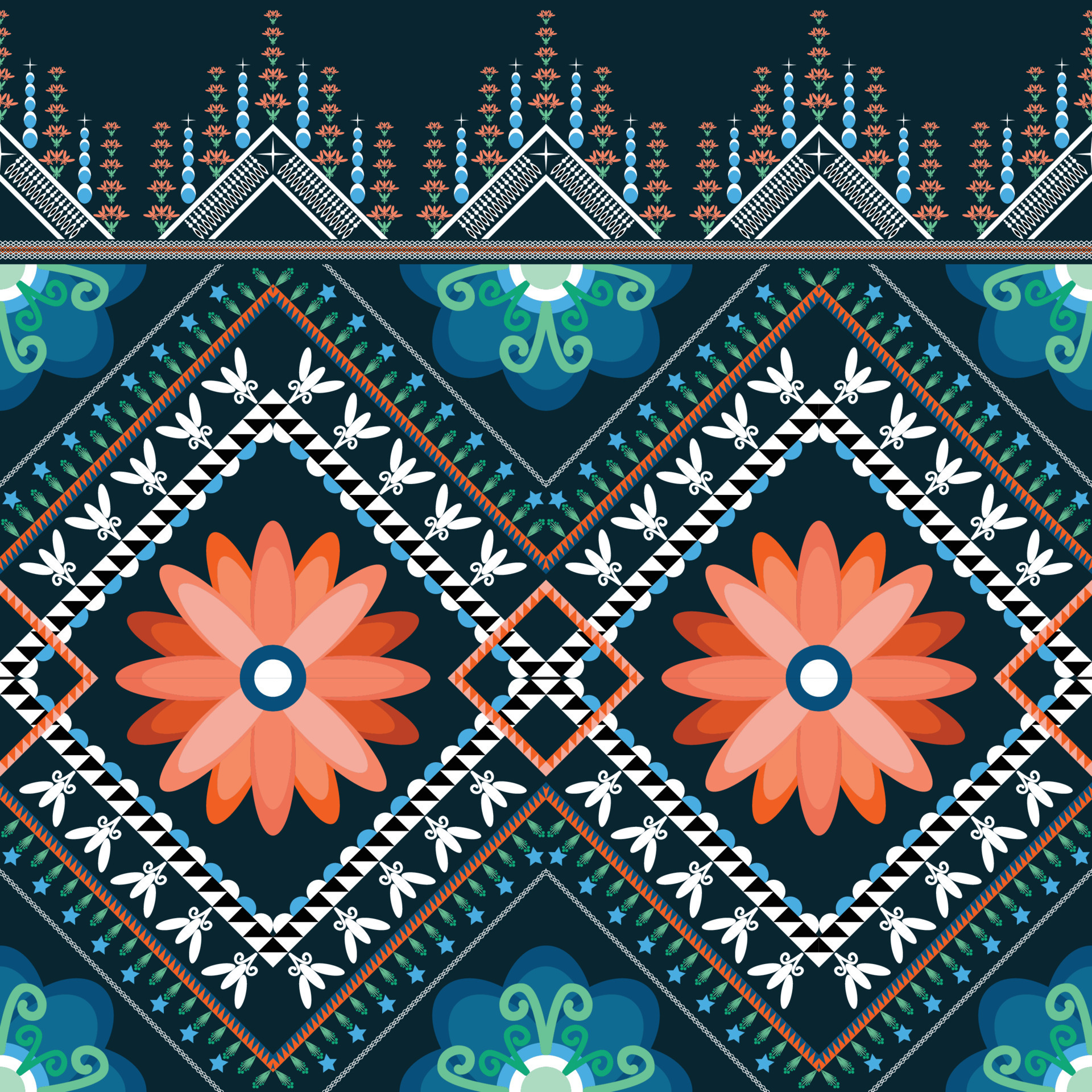 Ethnic Floral Pattern Traditional Embroidery Style Geometric Orange Flower On Purple Background