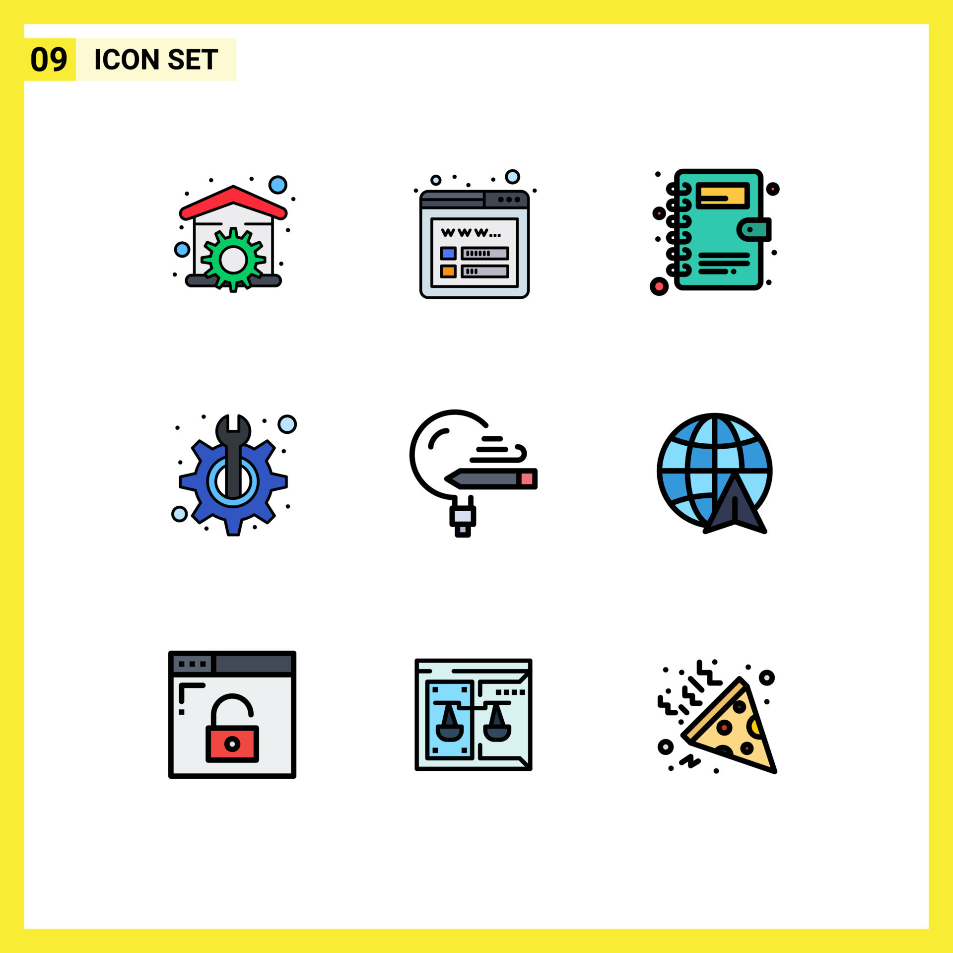 Editable Vector Line Pack Of 9 Simple Filledline Flat Colors Of Learning Education Book Fix