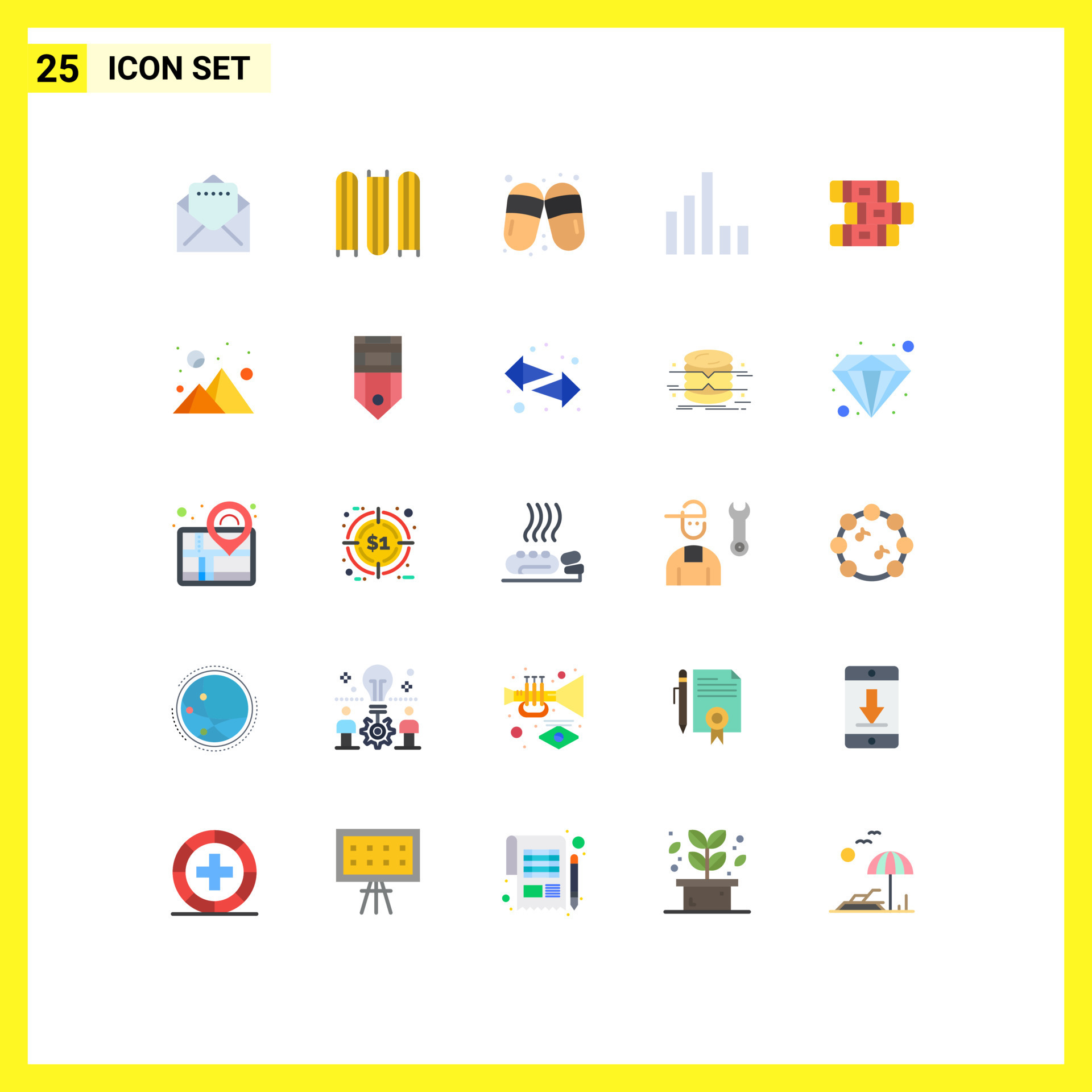 Modern Set Of 25 Flat Colors And Symbols Such As Sunset Cloudy Slippers Stationary Education