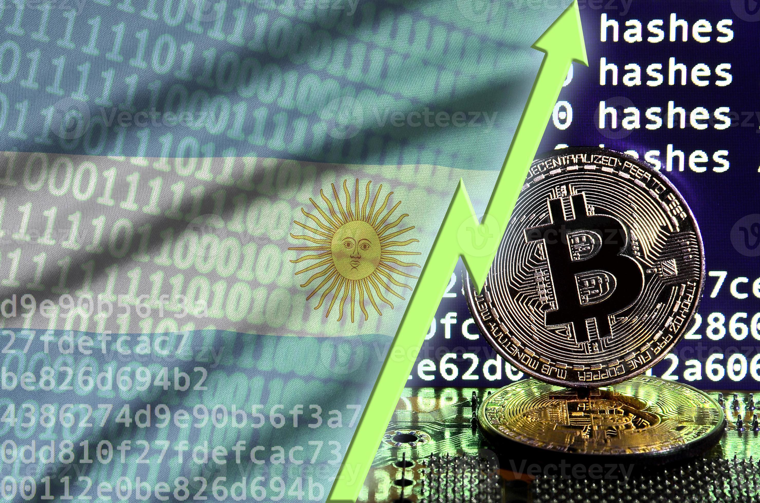 Argentina flag and rising green arrow on bitcoin mining screen and two physical golden bitcoins ...