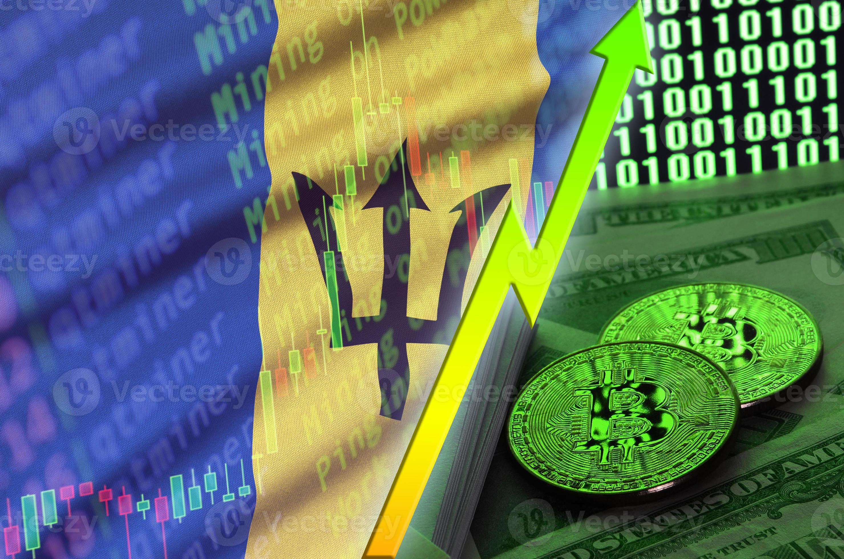 Barbados flag and cryptocurrency growing trend with two bitcoins on dollar bills and binary code ...