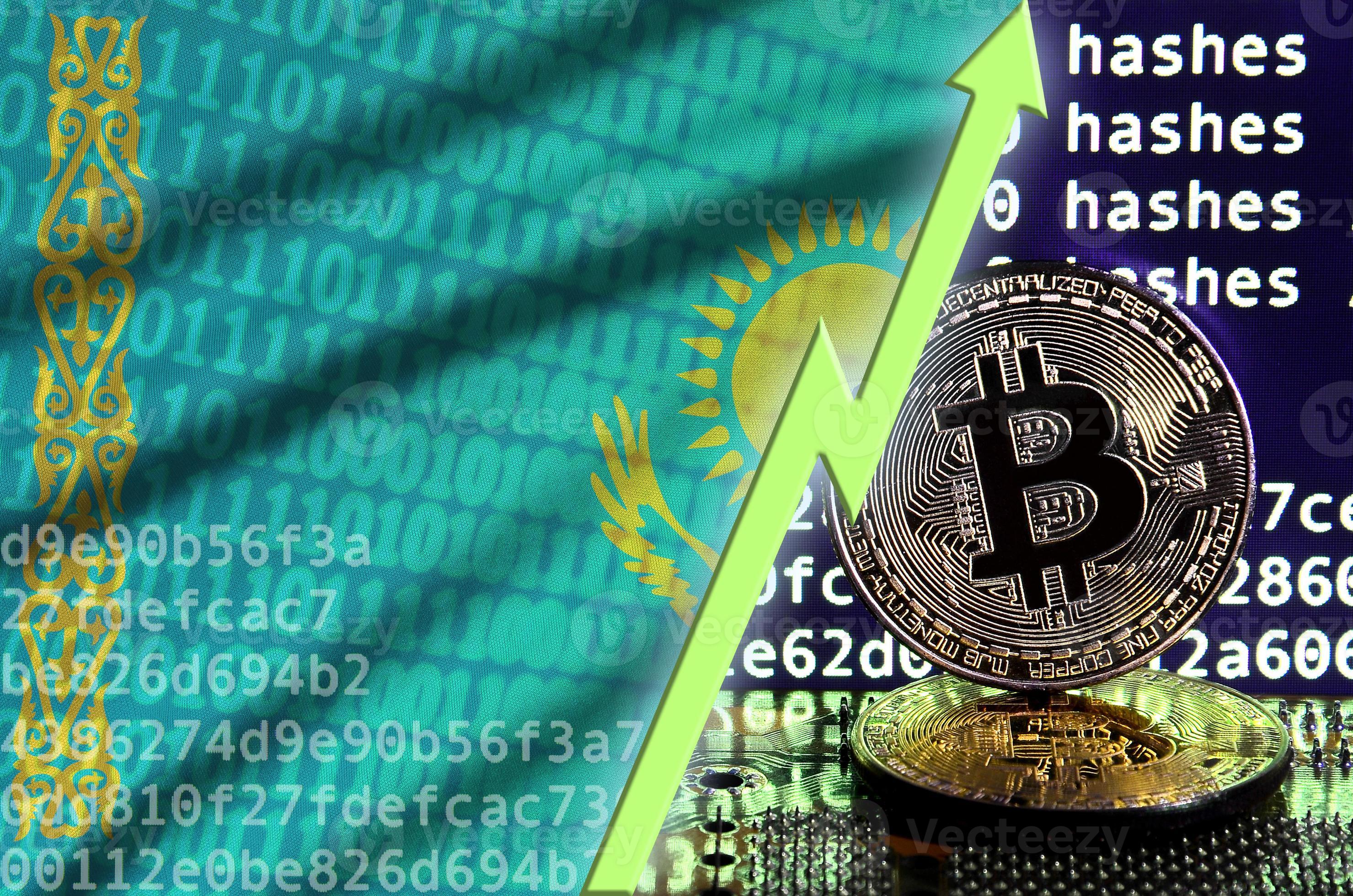 Kazakhstan flag and rising green arrow on bitcoin mining screen and two physical golden bitcoins ...