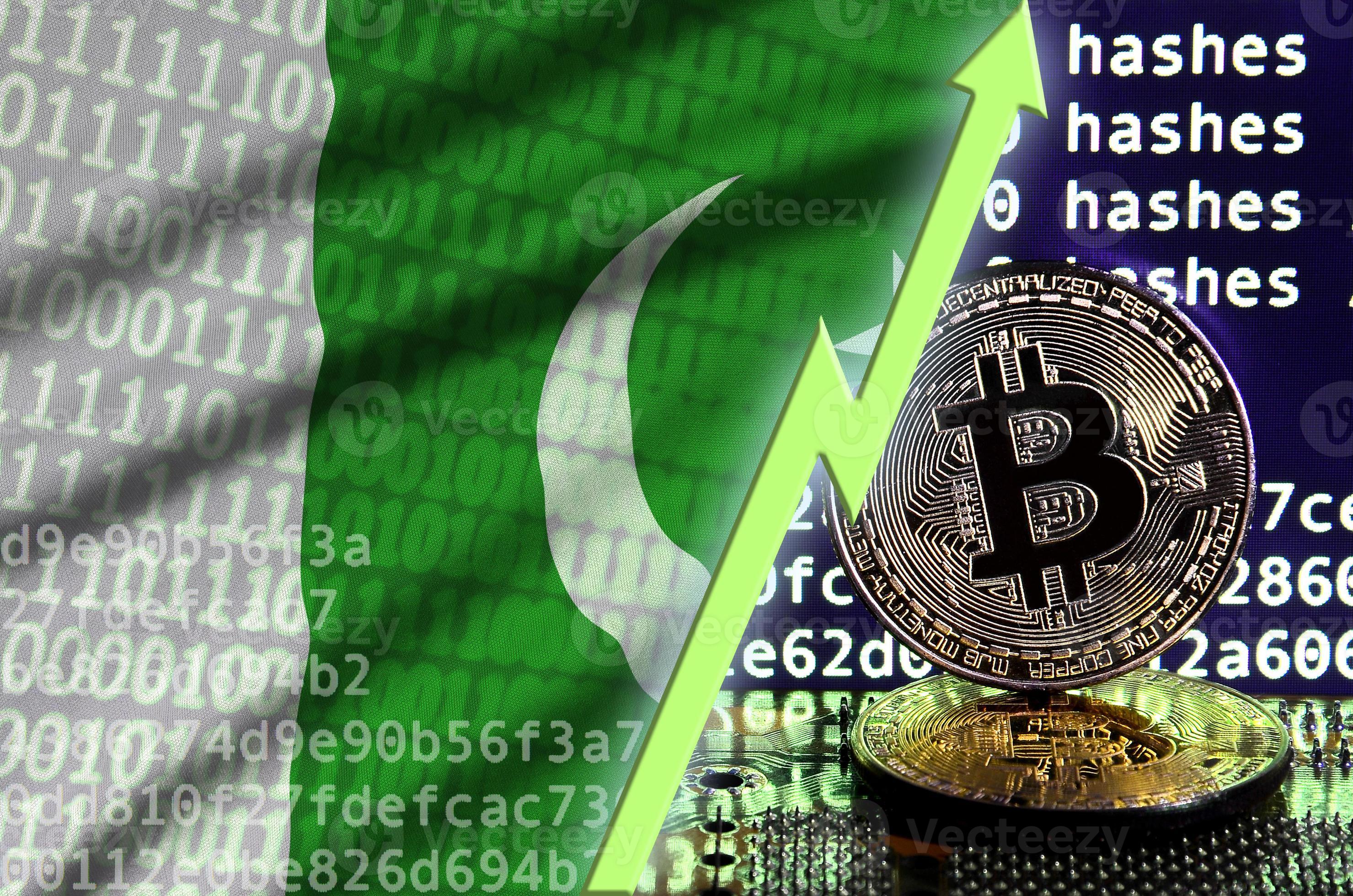Pakistan flag and rising green arrow on bitcoin mining screen and two physical golden bitcoins ...