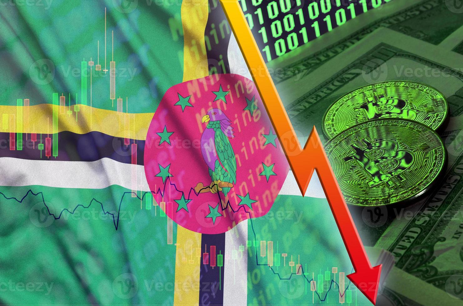 Dominica flag and cryptocurrency falling trend with two bitcoins on ... Dominica flag and cryptocurrency falling trend with two bitcoins on ...