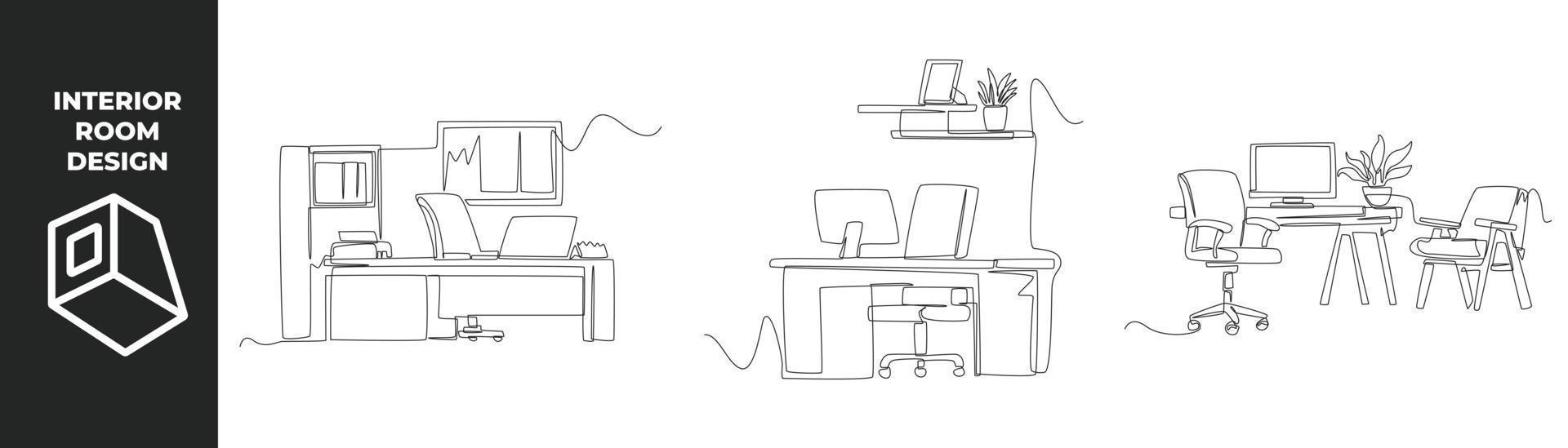 Single one line drawing office interior concept. Office desk, chair, computer, window and plant ...