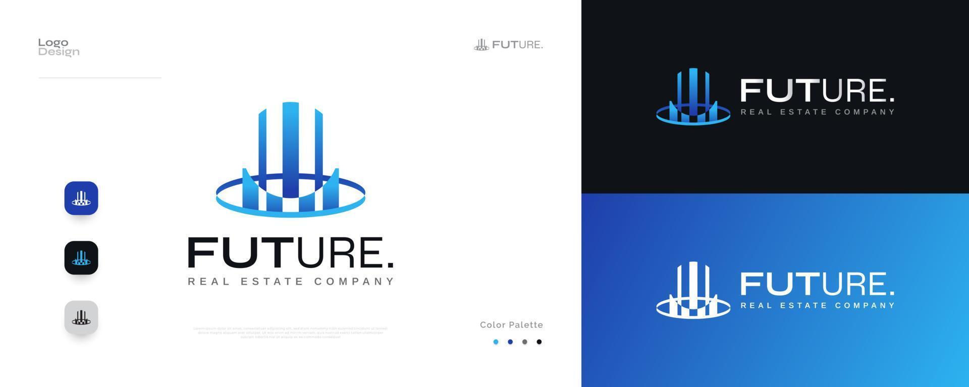 Futuristic Building Logo Design in Blue Gradient Style. Suitable for Technology, Construction ...