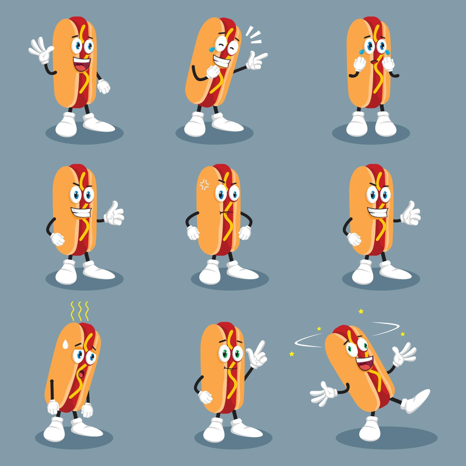 Hot Dog Mascot with Different Emotions set in Cartoon Style Vector ...