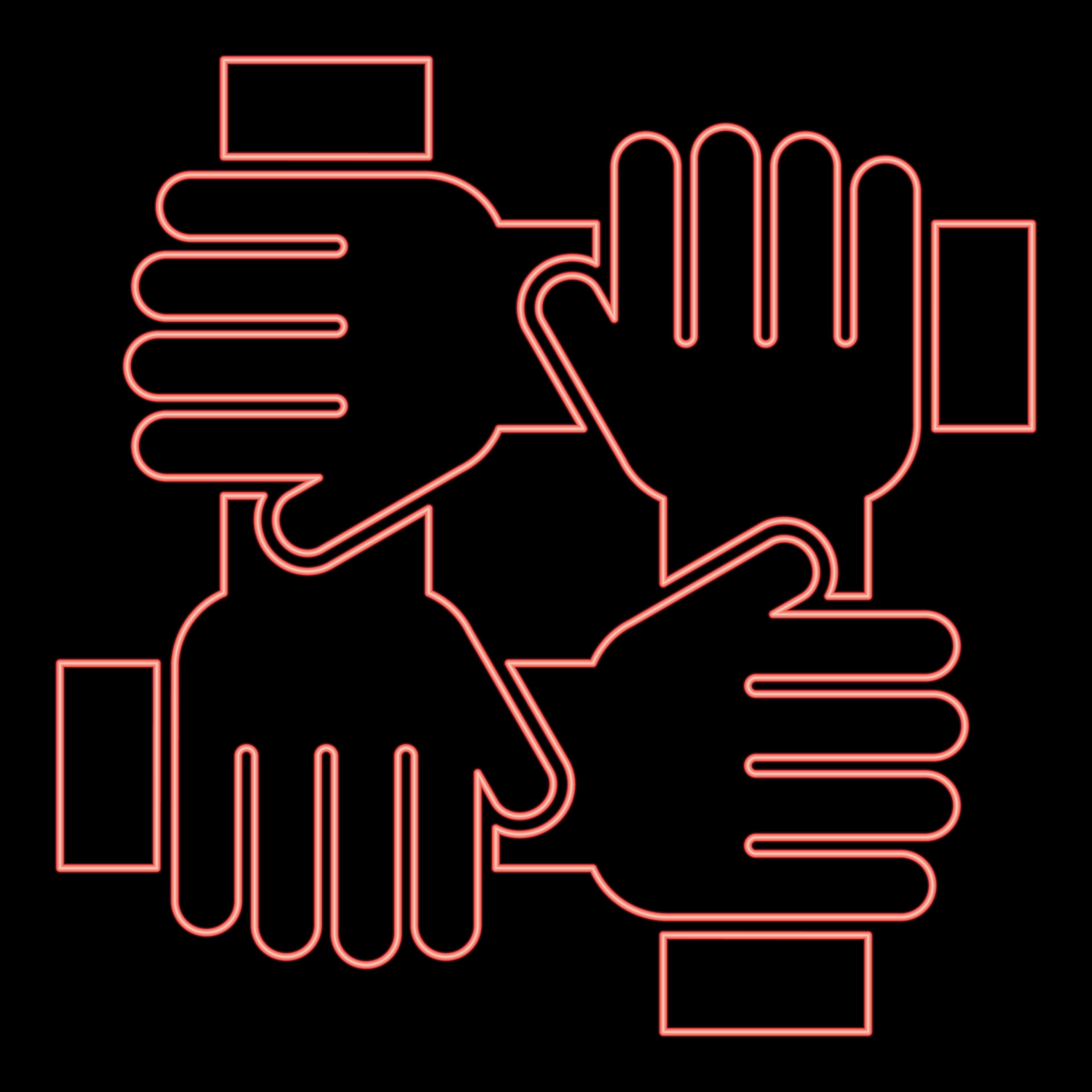 Neon four hand holding together team work concept red color vector ... Neon four hand holding together team work concept red color vector ...