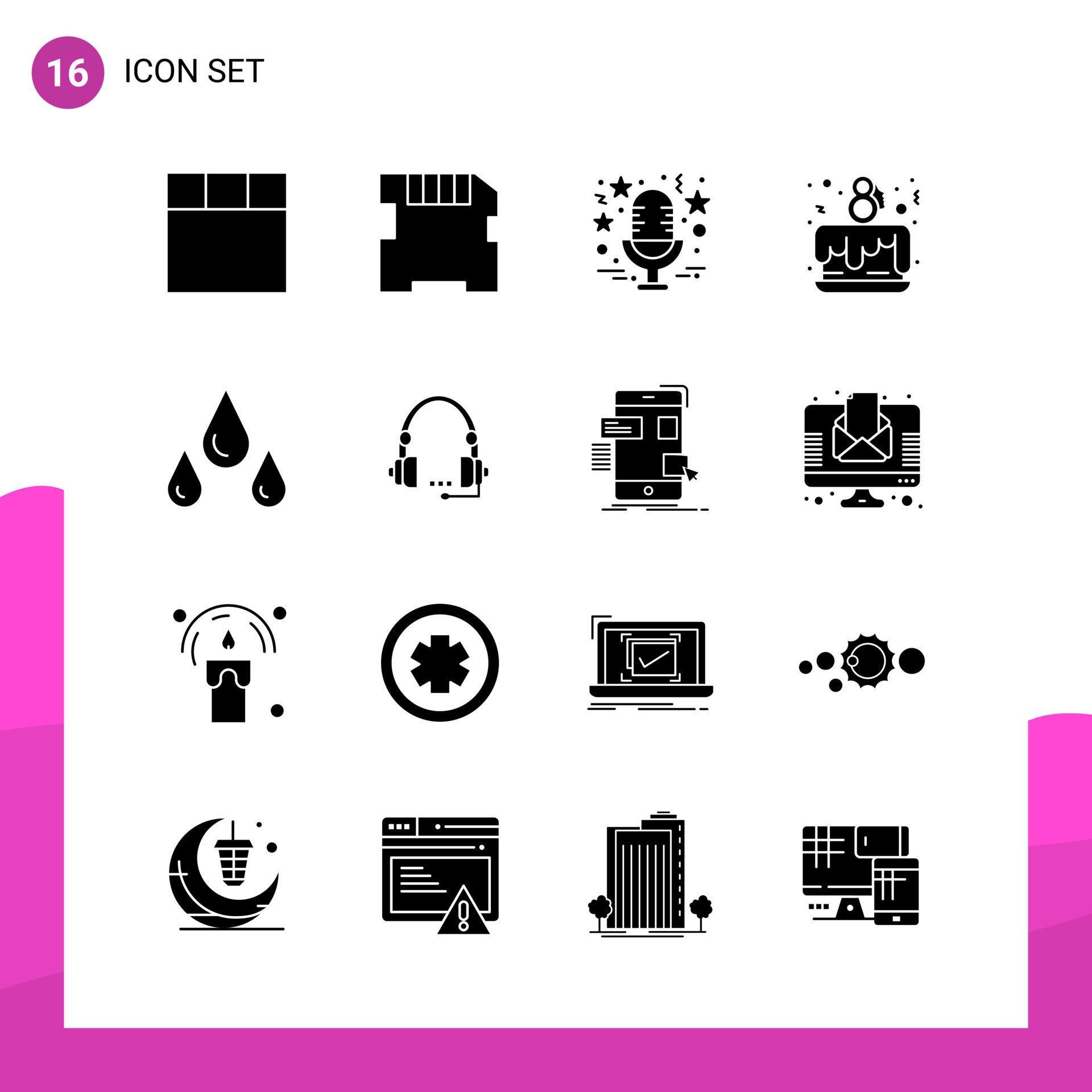 Glyph Icon set. Pack of 16 Solid Icons isolated on White Background for ...