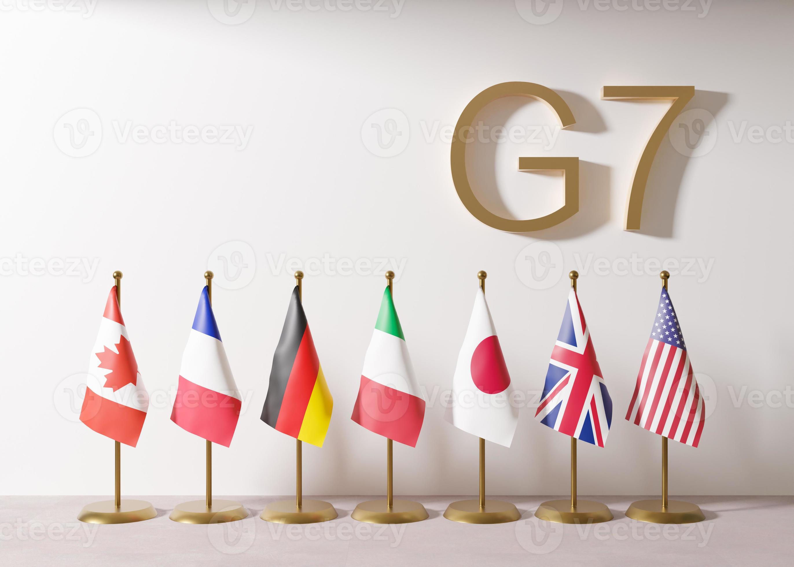 Flags of G7, group of seven countries, Canada, France, Germany, Italy, Japan, UK, USA. G7 summit ...