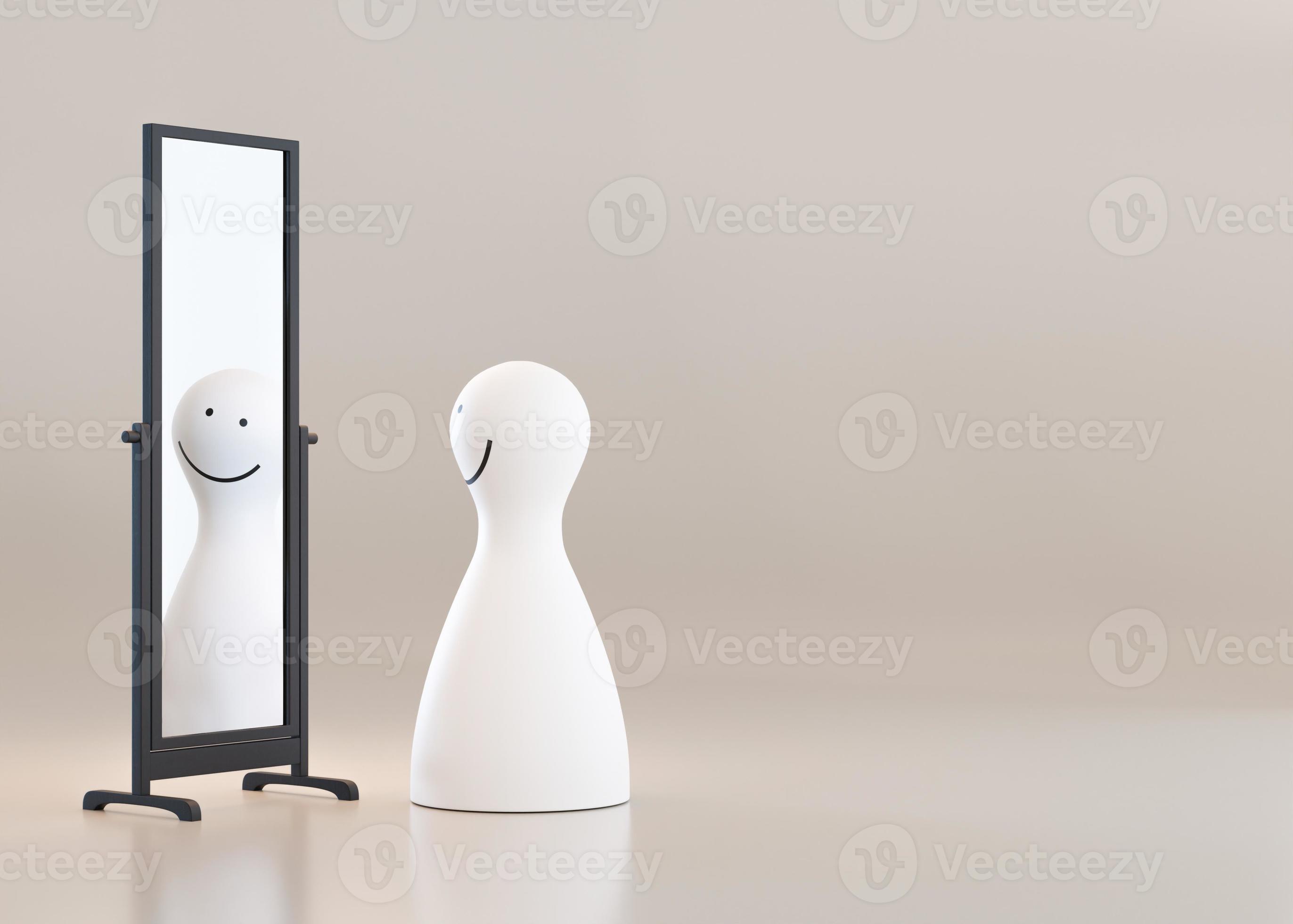 Happy person looking at himself in mirrors reflection and smiling ... Happy person looking at himself in mirrors reflection and smiling ...