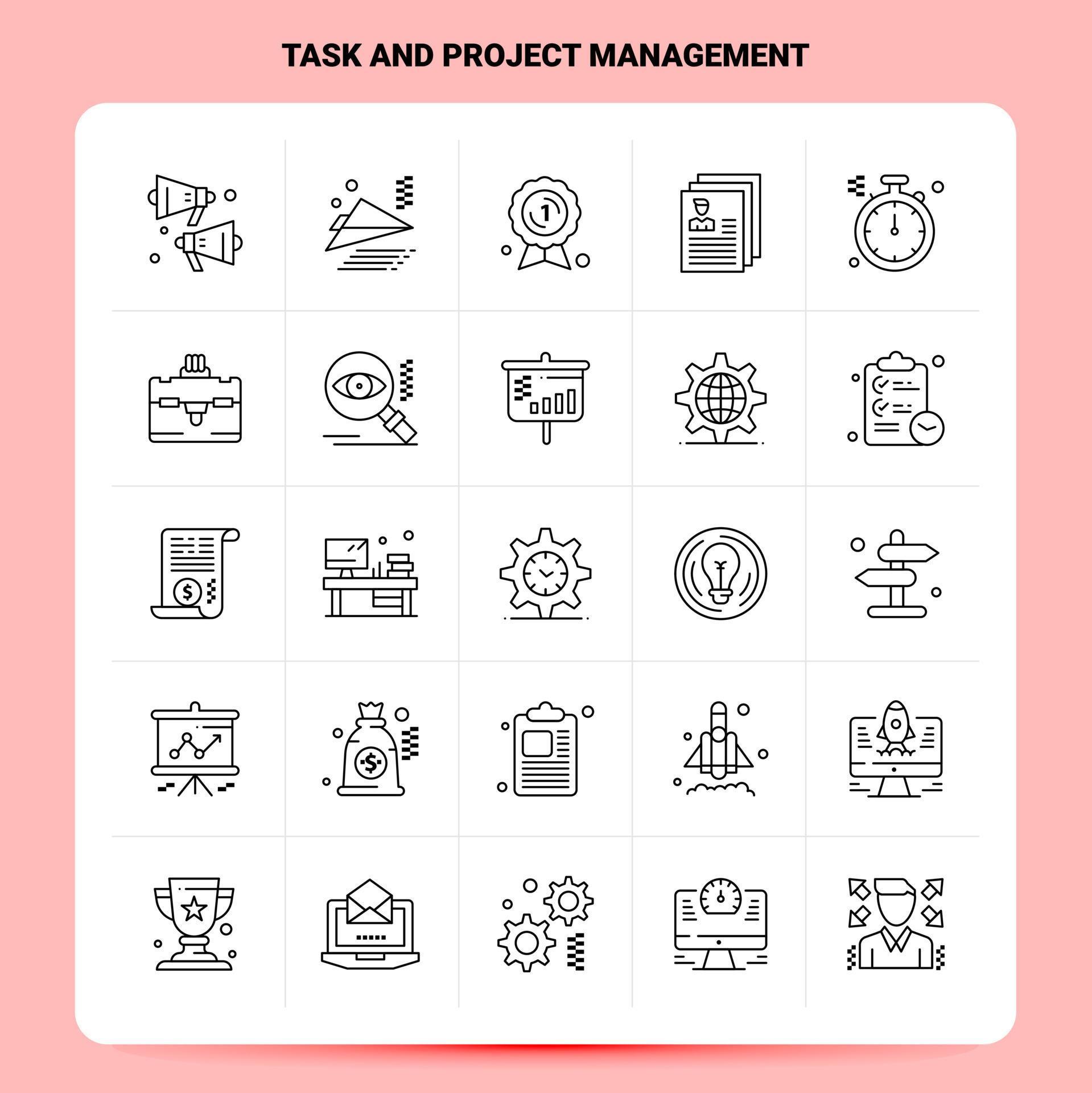 Outline 25 Task And Project Management Icon Set Vector Line Style Design Black Icons Set Linear