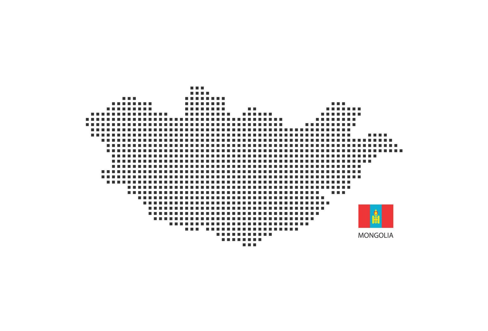Vector square pixel dotted map of Mongolia isolated on white background with Mongolia flag ...