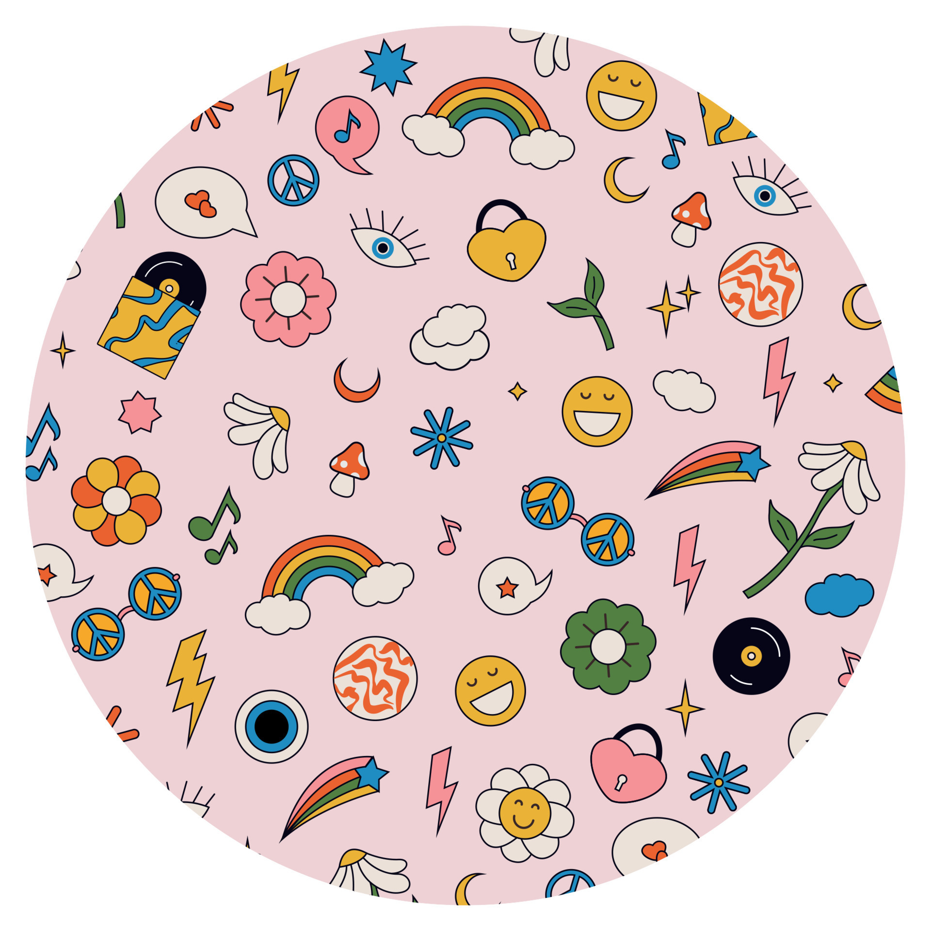 Groovy Retro 1970 Hippie Poster In Rose Pastel Circle With Set Of
