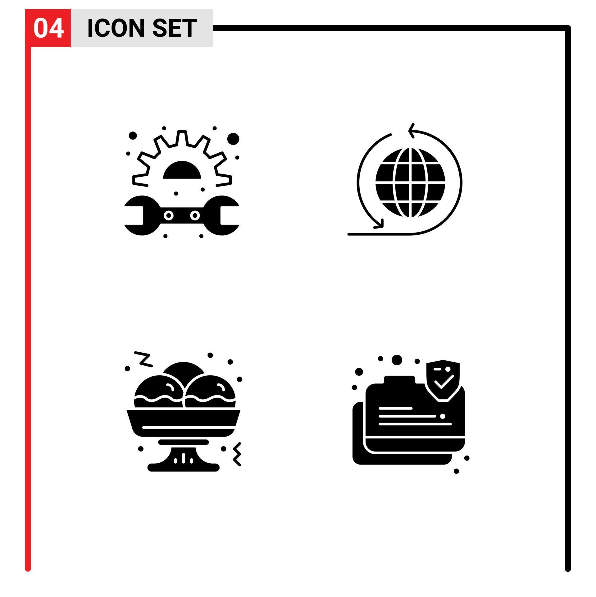 User Interface Pack Of 4 Basic Solid Glyphs Of Gear Fast Spanner Global Data Secure Editable