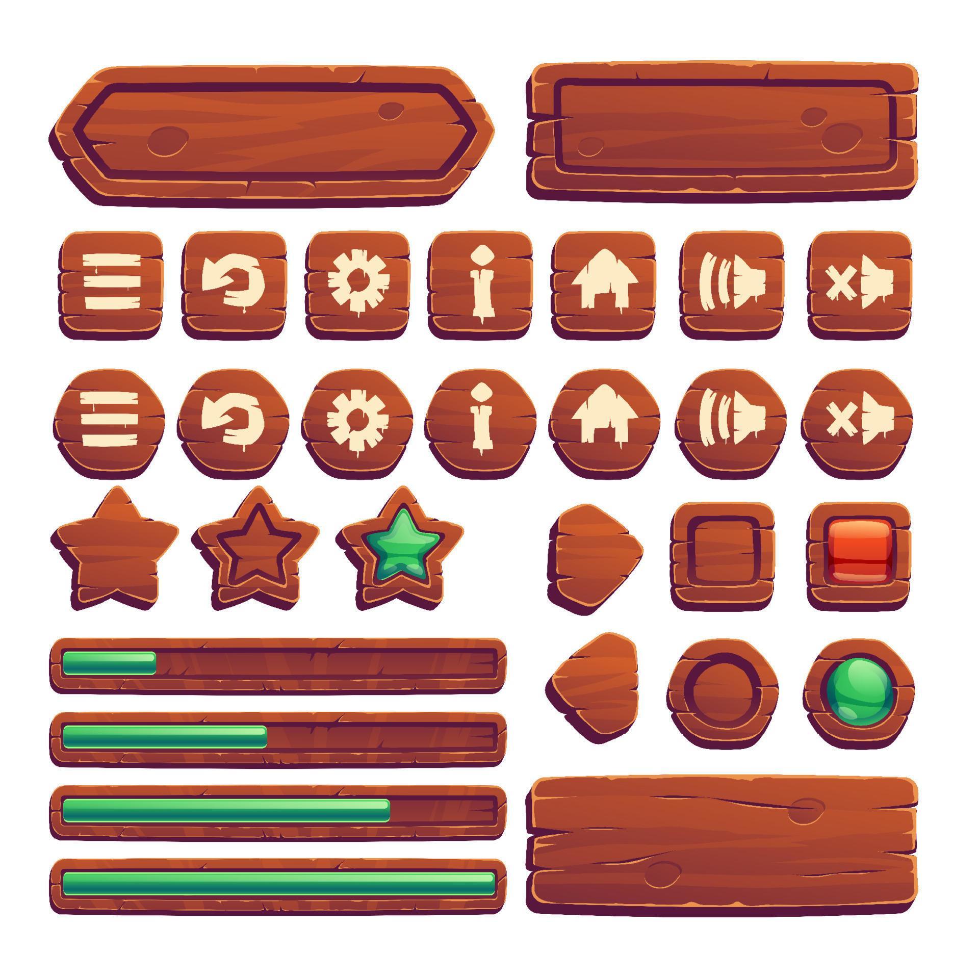 Wooden buttons for ui game, gui elements 15007719 Vector Art at Vecteezy