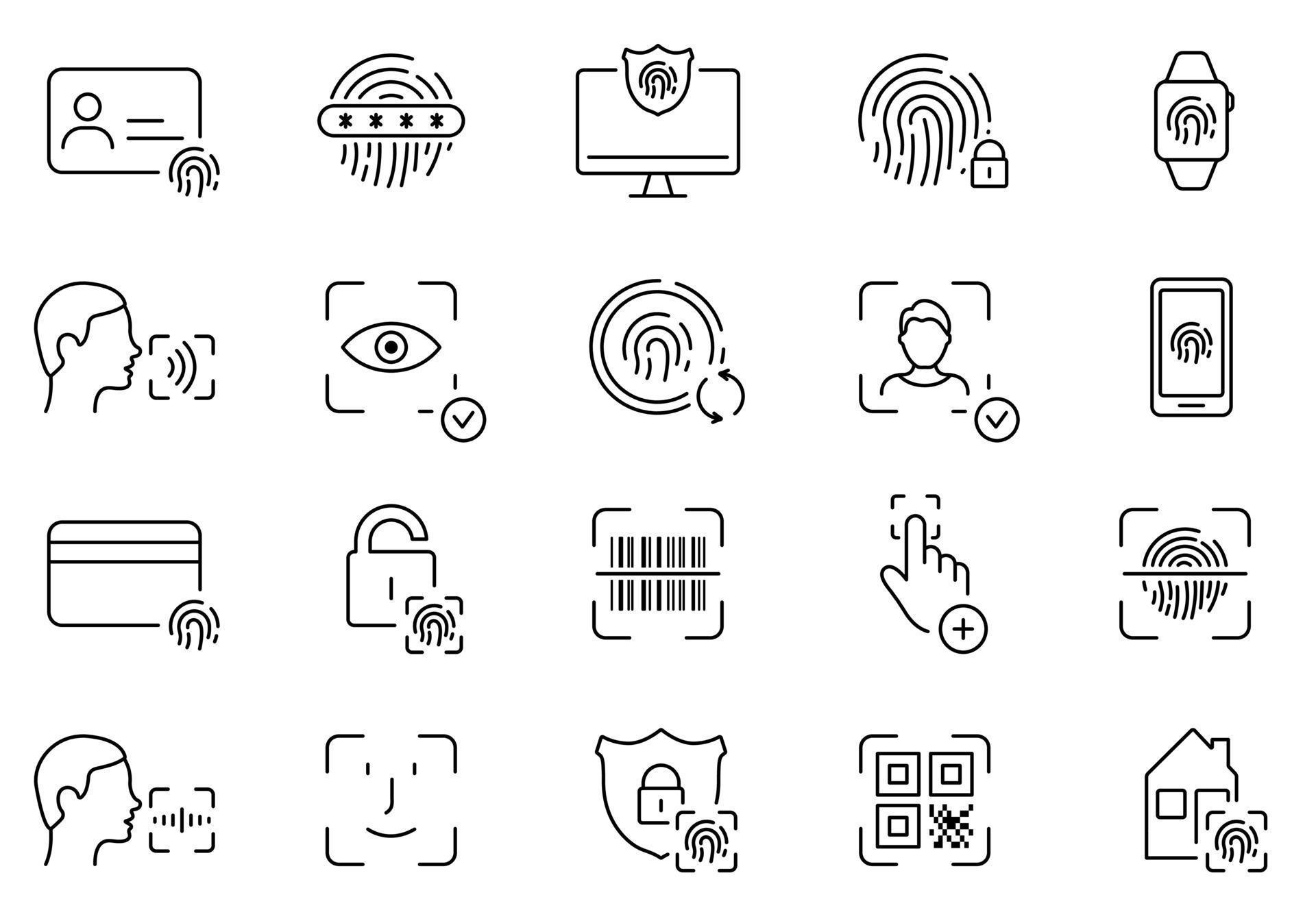 Biometric Identification Line Icon Set Face Id Touch Id Linear Pictogram Fingerprint Facial
