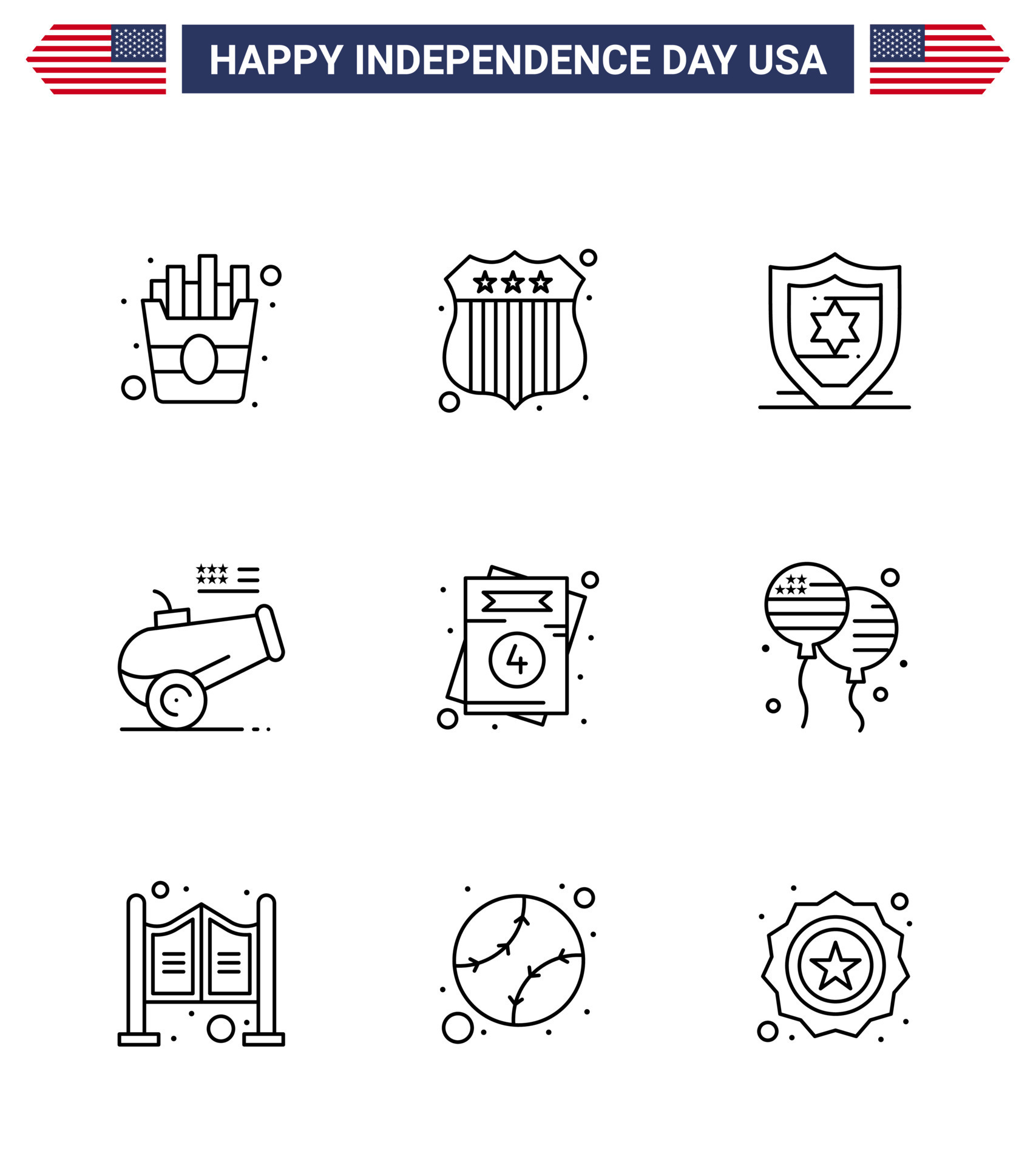 4 De Julio Estados Unidos Feliz Día De La Independencia Icono Símbolos Grupo De 9 Líneas