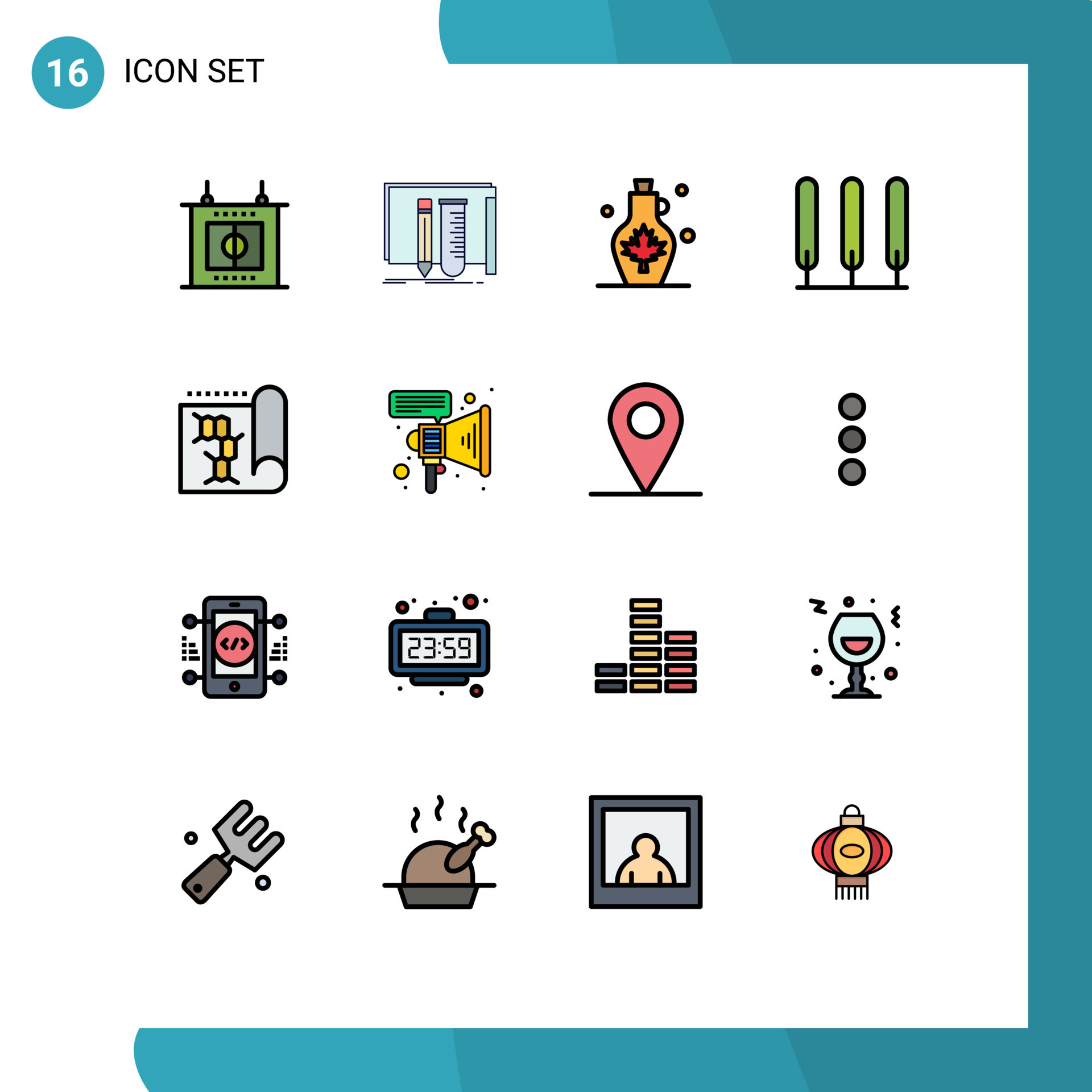 User Interface Pack Of 16 Basic Flat Color Filled Lines Of Laboratory Tree Beverage Nature Leaf