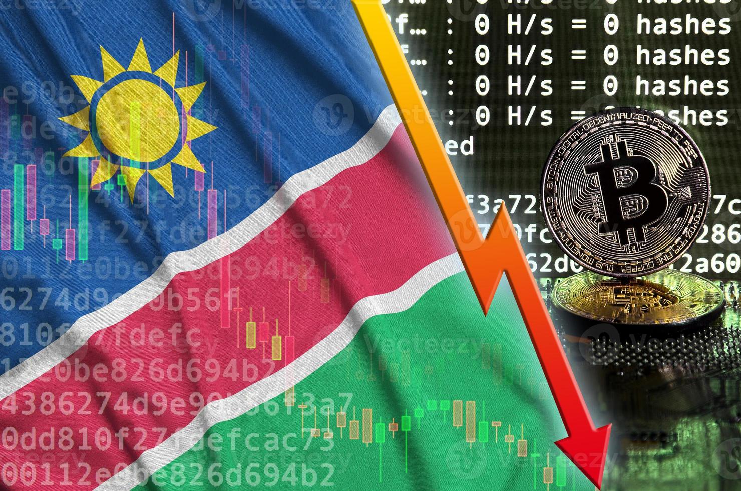 Namibia flag and falling red arrow on bitcoin mining screen and two physical golden bitcoins ...