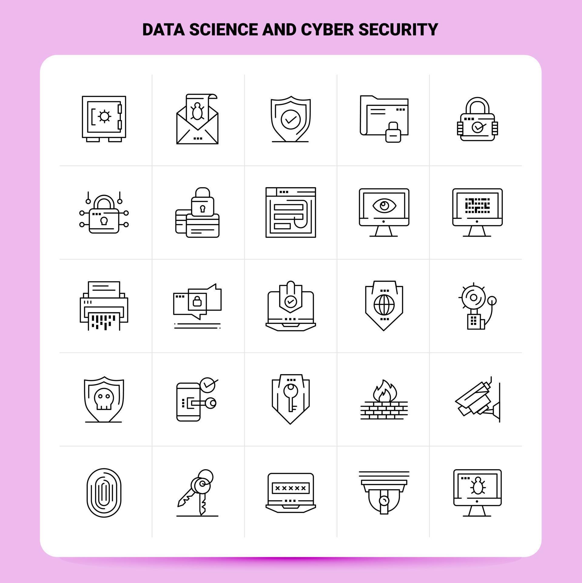 Outline 25 Data Science And Cyber Security Icon Set Vector Line Style