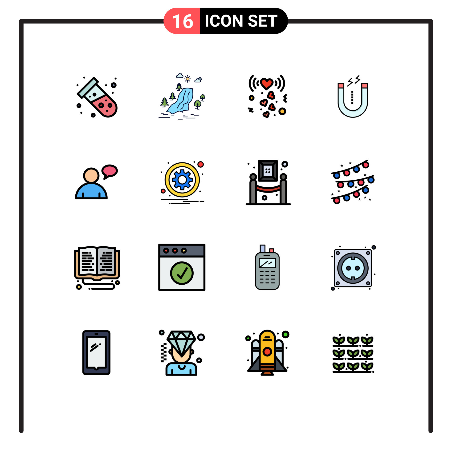 Set Of 16 Vector Flat Color Filled Lines On Grid For Basic Attracting Nature Attract Signal