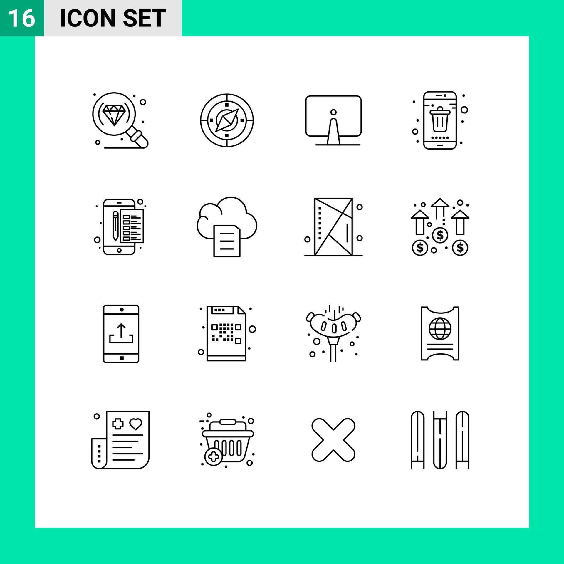 Set of 16 Vector Outlines on Grid for archive mobile computer delete app Editable Vector Design ...