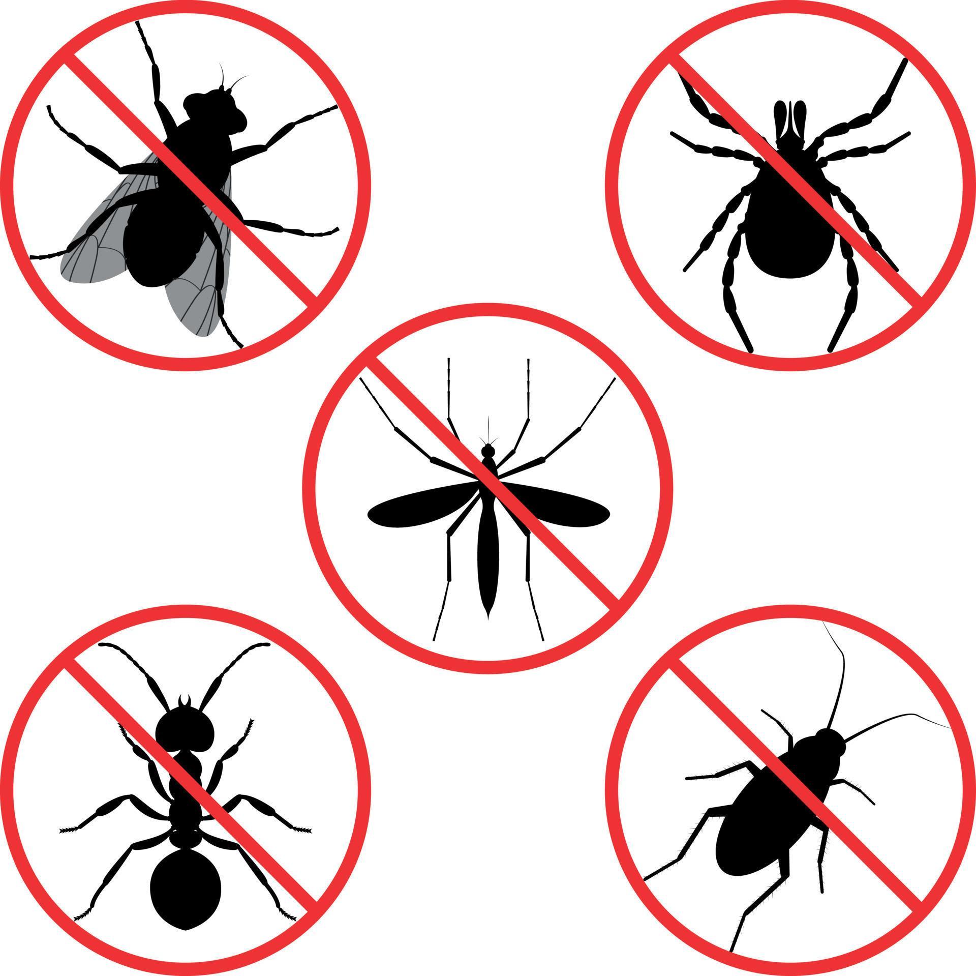 A collection of forbidding signs. Stop the fly, cockroach, tick, stop ...