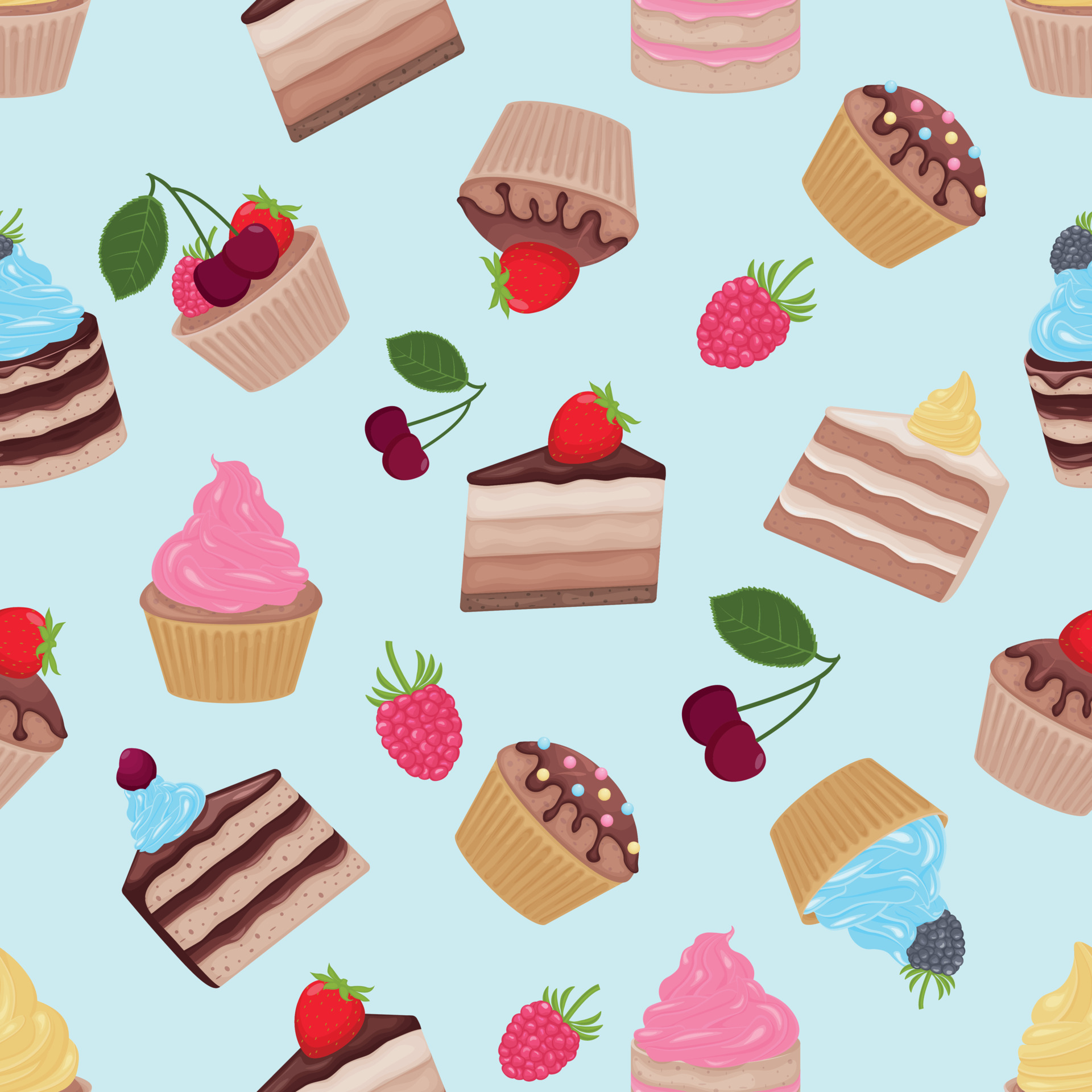 Cakes. Seamless pattern with the image of cakes and cupcakes. A sweet dessert pattern. Pattern ...